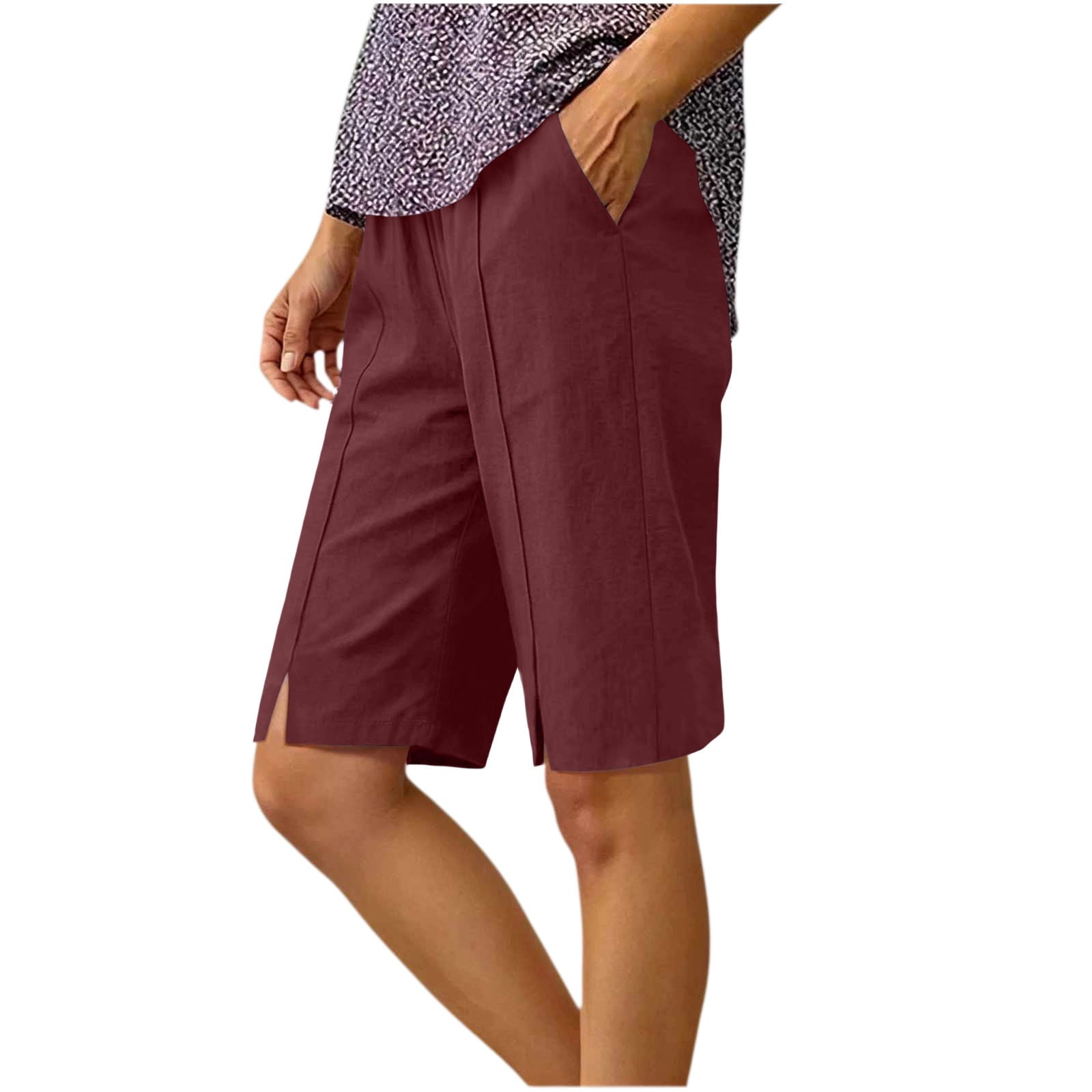 Bosfbaoi Women's Linen Blend Shorts Elastic Waist Bermuda Shorts Summer ...