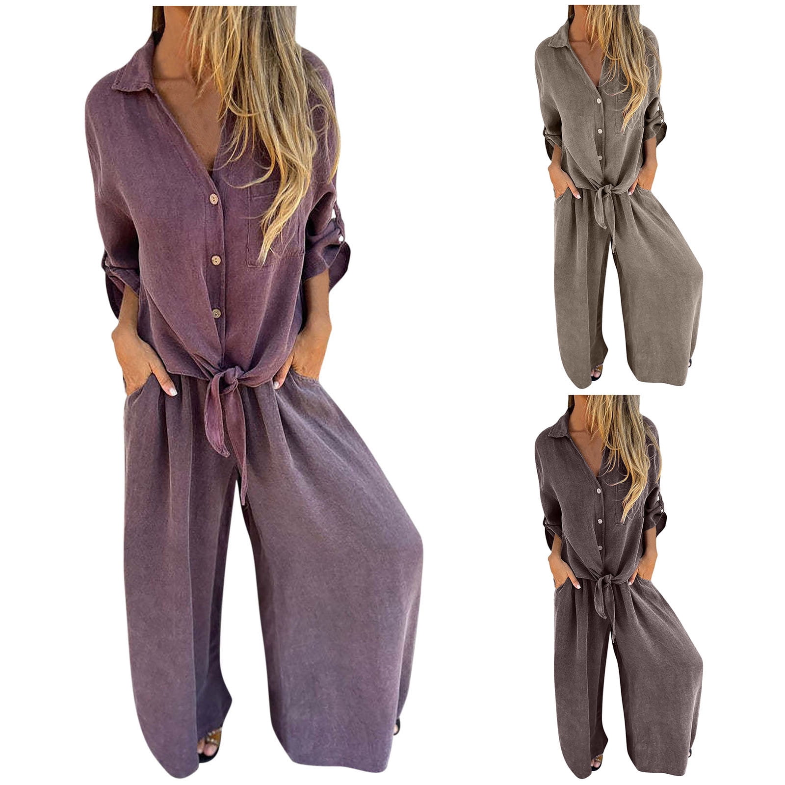 Bosfbaoi Women's Long Sleeve Button-Up Top and Pants Set - Relaxed Fit ...