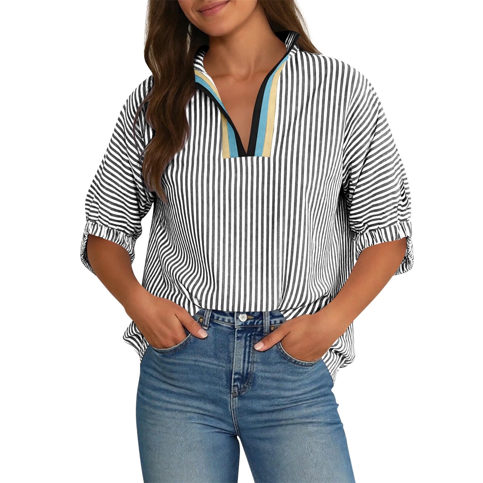 Bosfbaoi Women's Spring & Summer Striped Blouse Fashionable Casual Five ...
