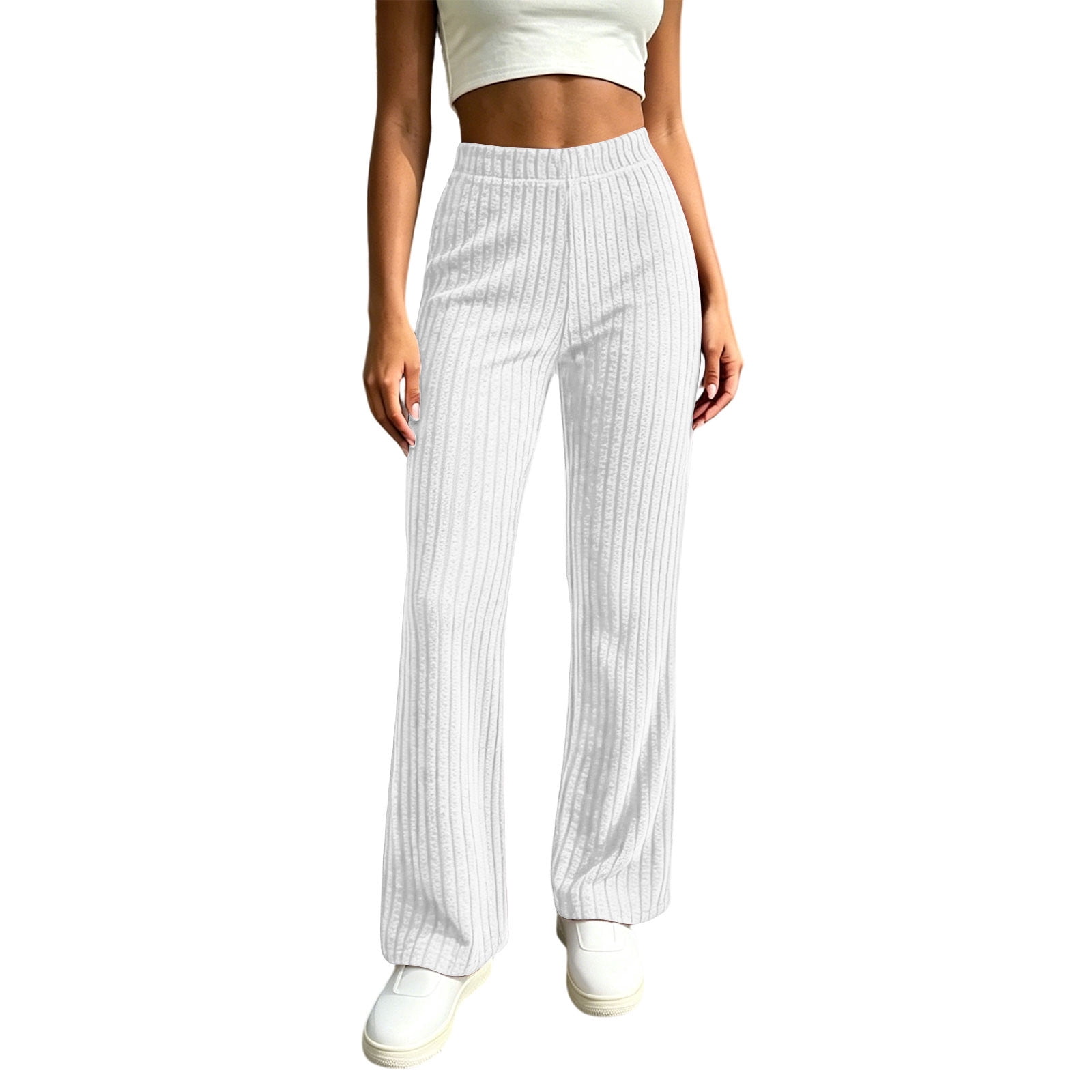Bosfbaoi Womens Pants Elastic High Waist Ribbed Knit Flare Pants Casual ...