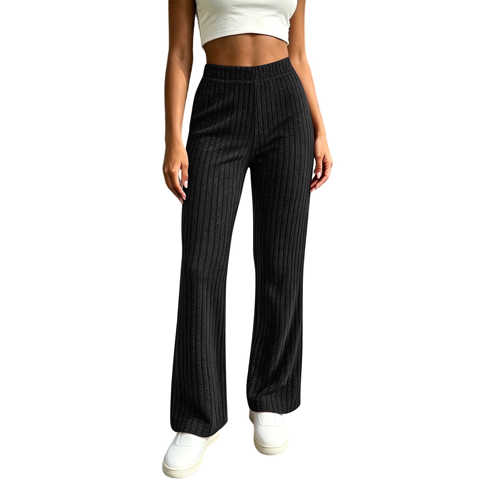 Bosfbaoi Womens Pants Elastic High Waist Ribbed Knit Flare Pants Casual ...