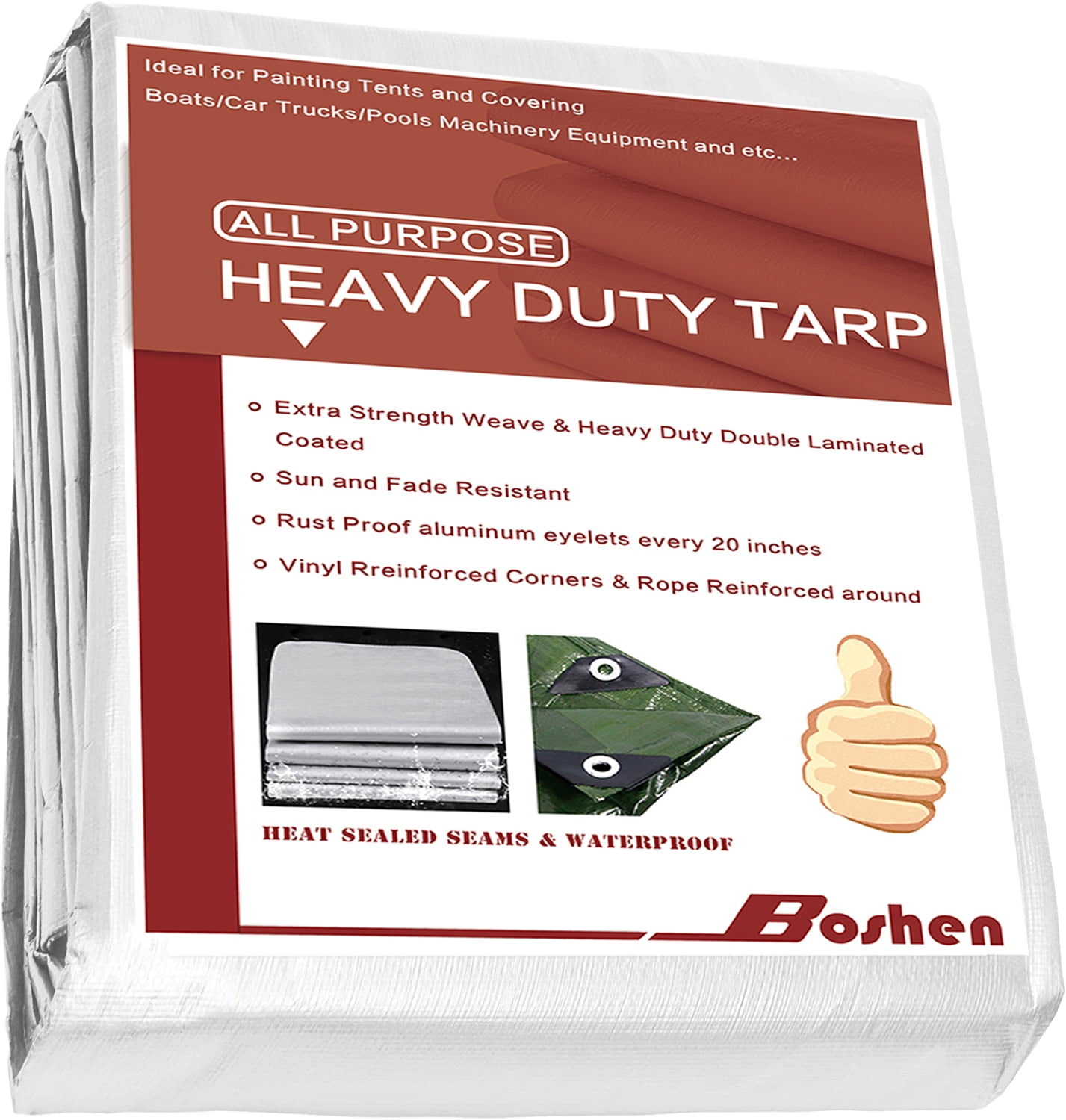 Boshen Heavy Duty Waterproof Tarp, 12 Mil Thick, Large Plastic Weather ...