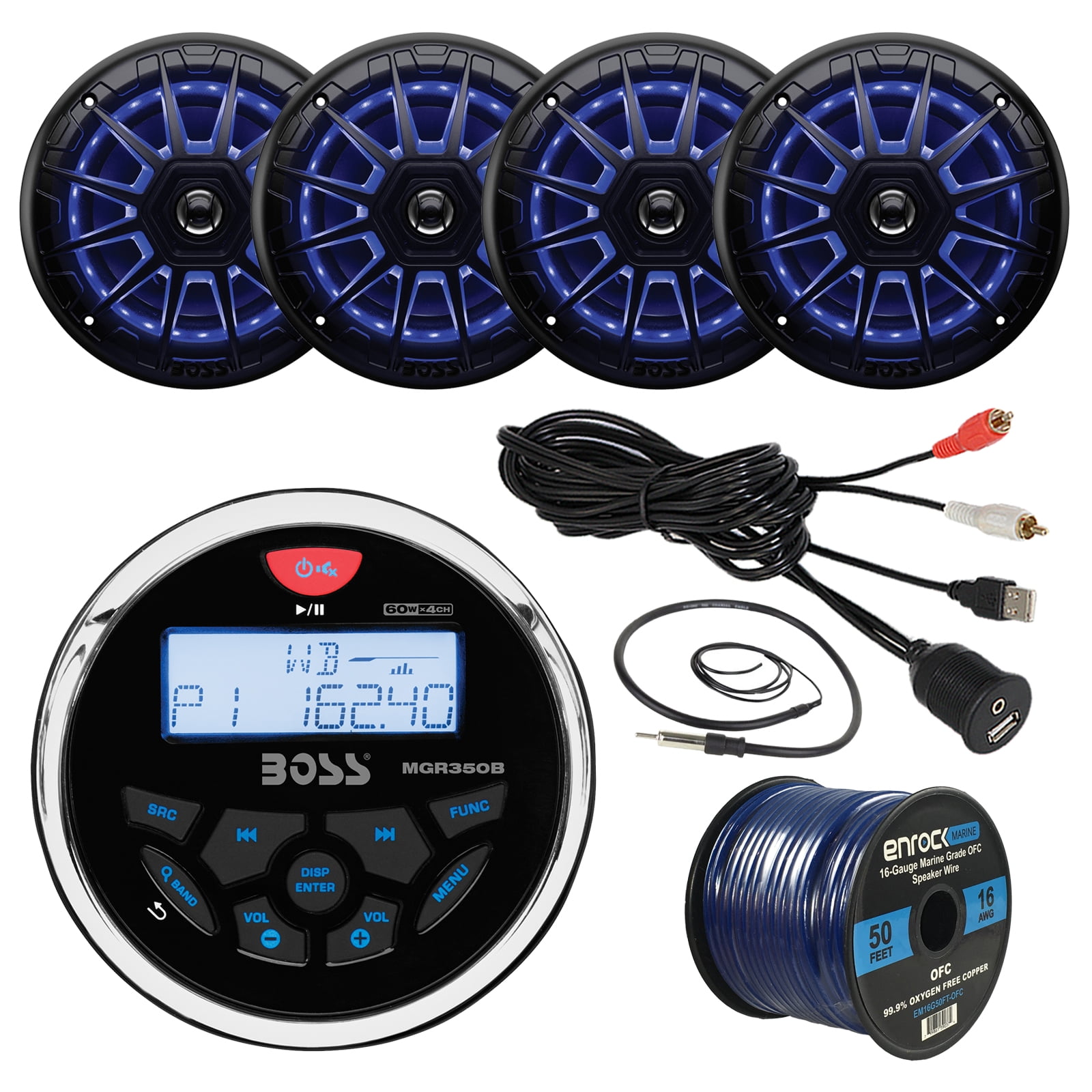 Boss Audio MGR350B Marine Gauge Style AM/FM Radio Stereo Receiver Media Player Bundle Combo With ...