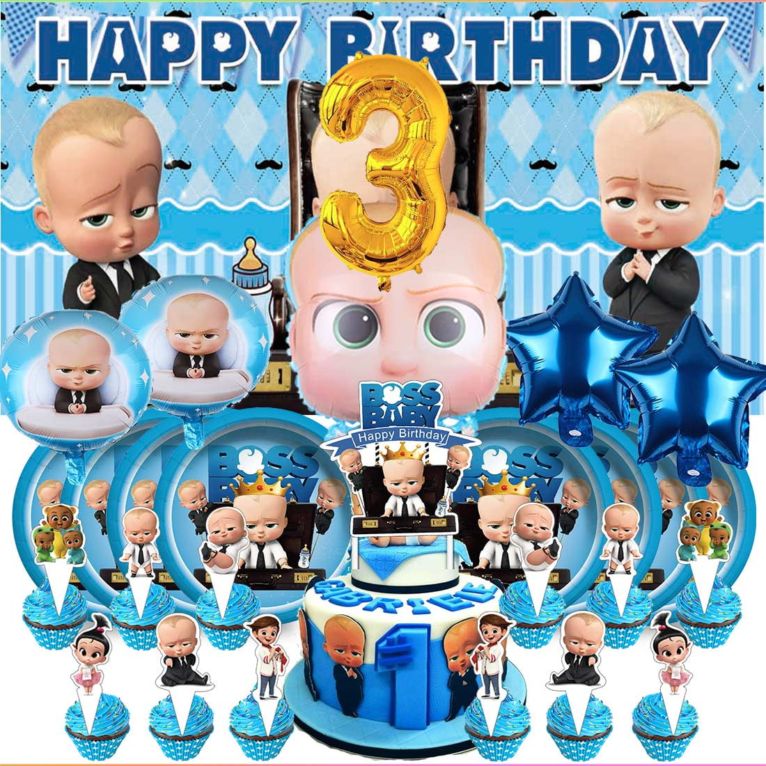 Boss Baby White Boy 3rd Tableware Balloons Cake Toppers Backdrop Banner ...