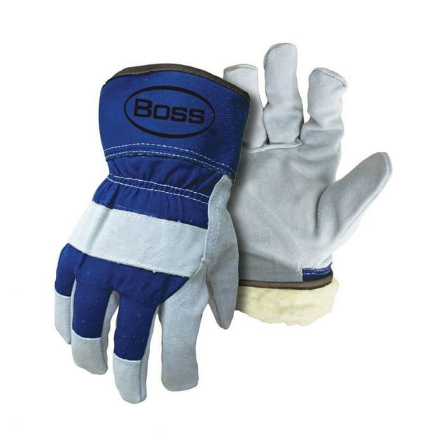 Boss Men's Insulated Split Cowhide Leather Work Gloves, Large, Water Resistant, Blue/Gray ...
