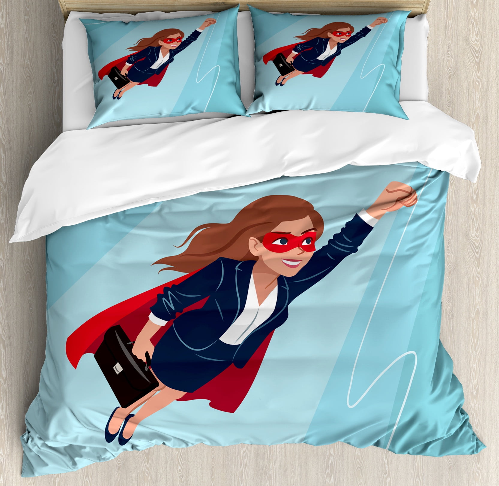 Boss Lady Duvet Cover Set, Young Lady Wearing a Suit and a Cape Flying Through Air Superhero ...