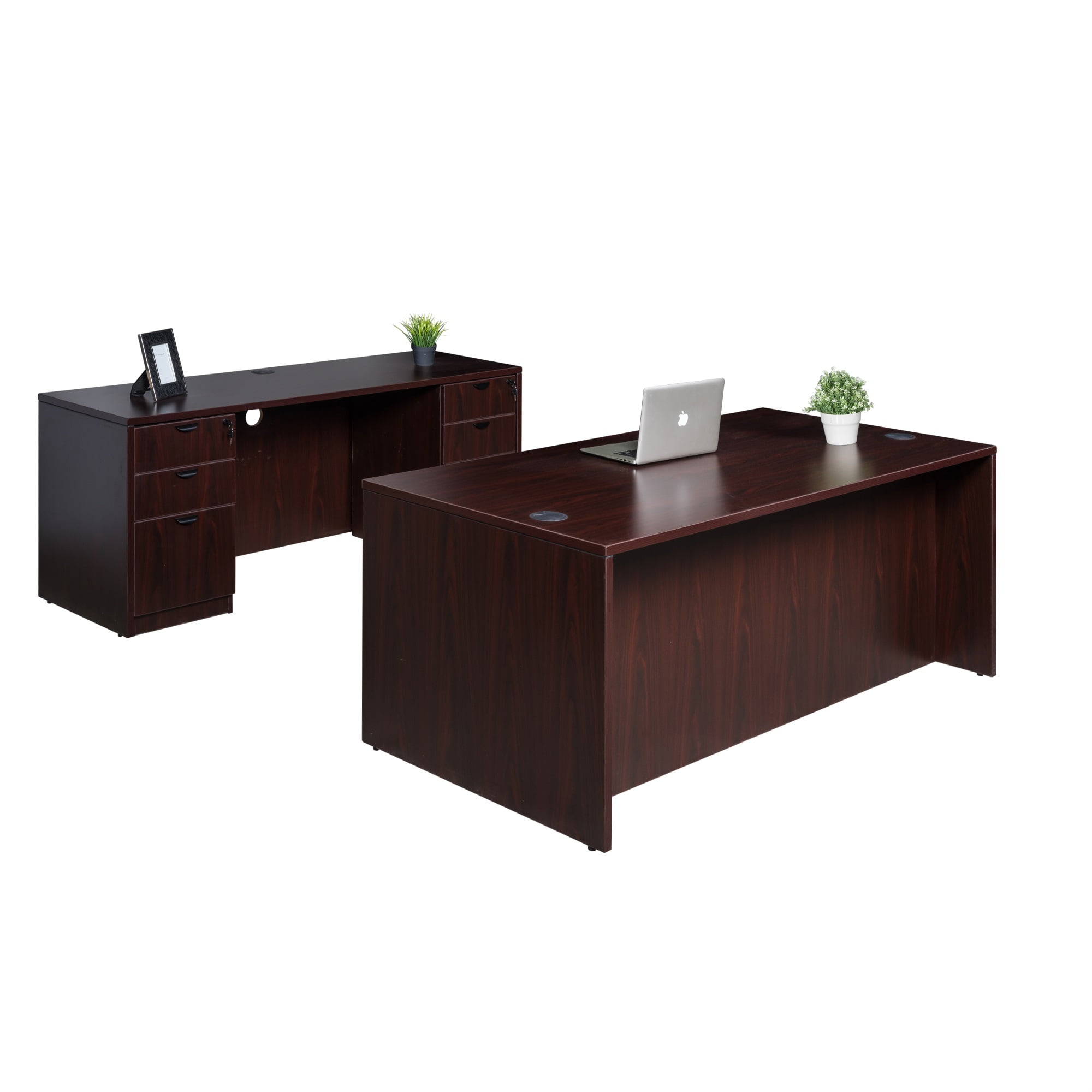 Boss Office Products Desk and Credenza with 2 Pedestals in Mahogany ...
