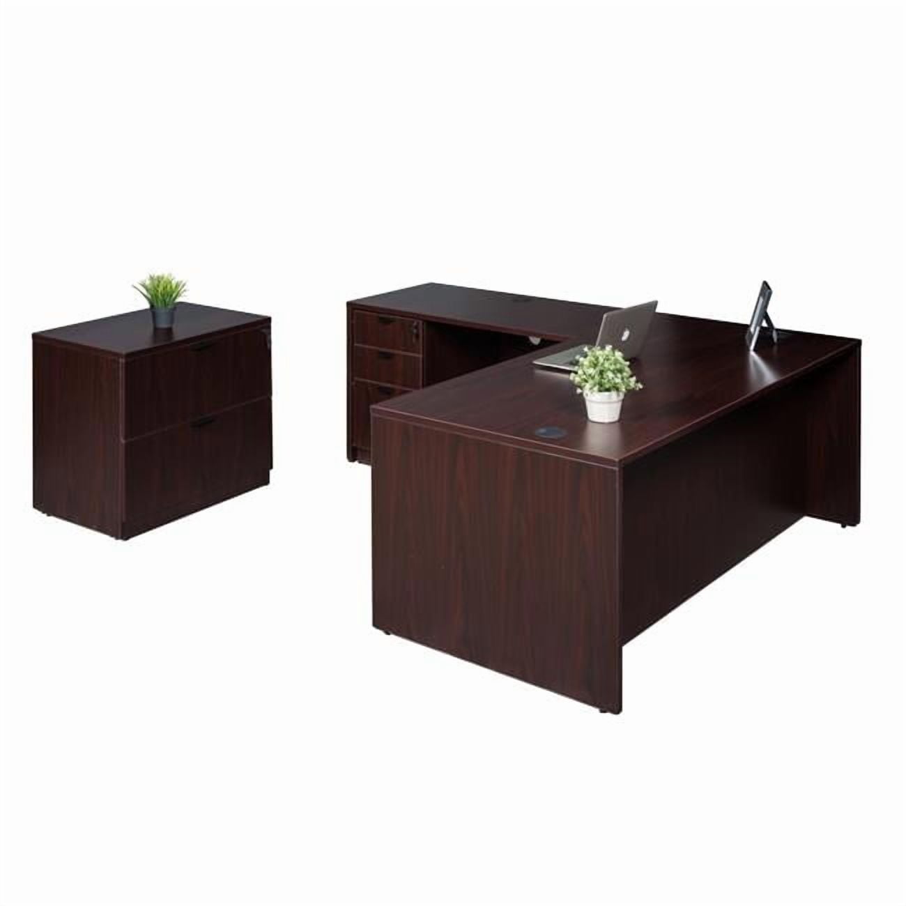 Boss Office Products 66" L-Shape Desk with File Storage in Mahogany ...