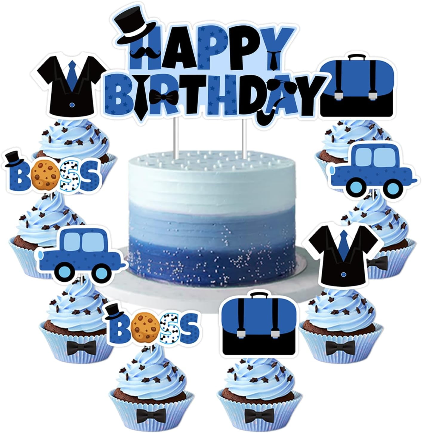 Boss Theme Cake Topper Blue Black Happy Birthday Boss Cake Toppers Boss ...
