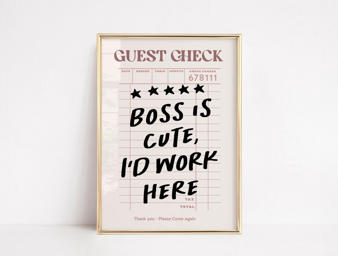 Boss is cute PRINT, Guest Check Retro Typography Print, Five stars, WFH ...