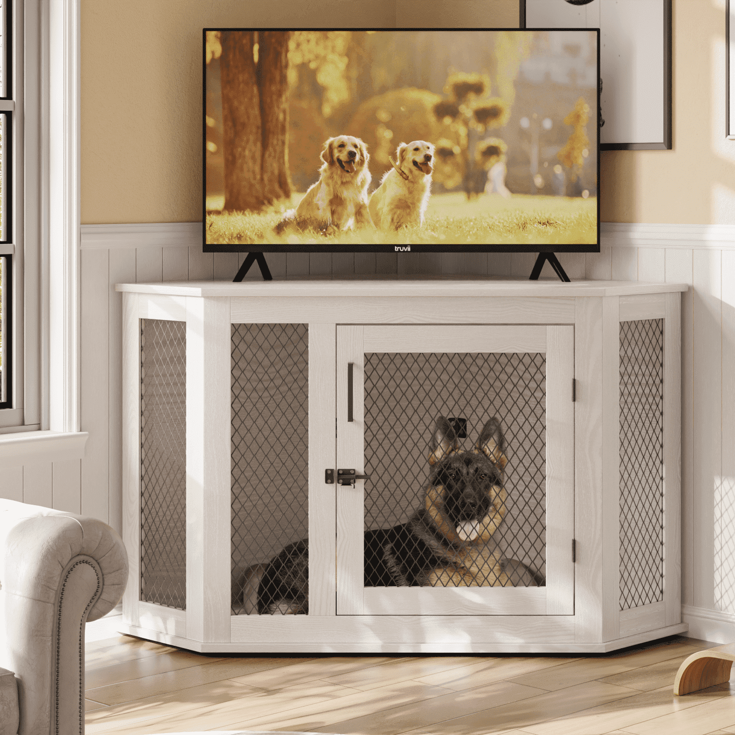 Bossin 52"Corner Dog Crate Furniture，Wooden Dog Kennel Indoor Furniture ...