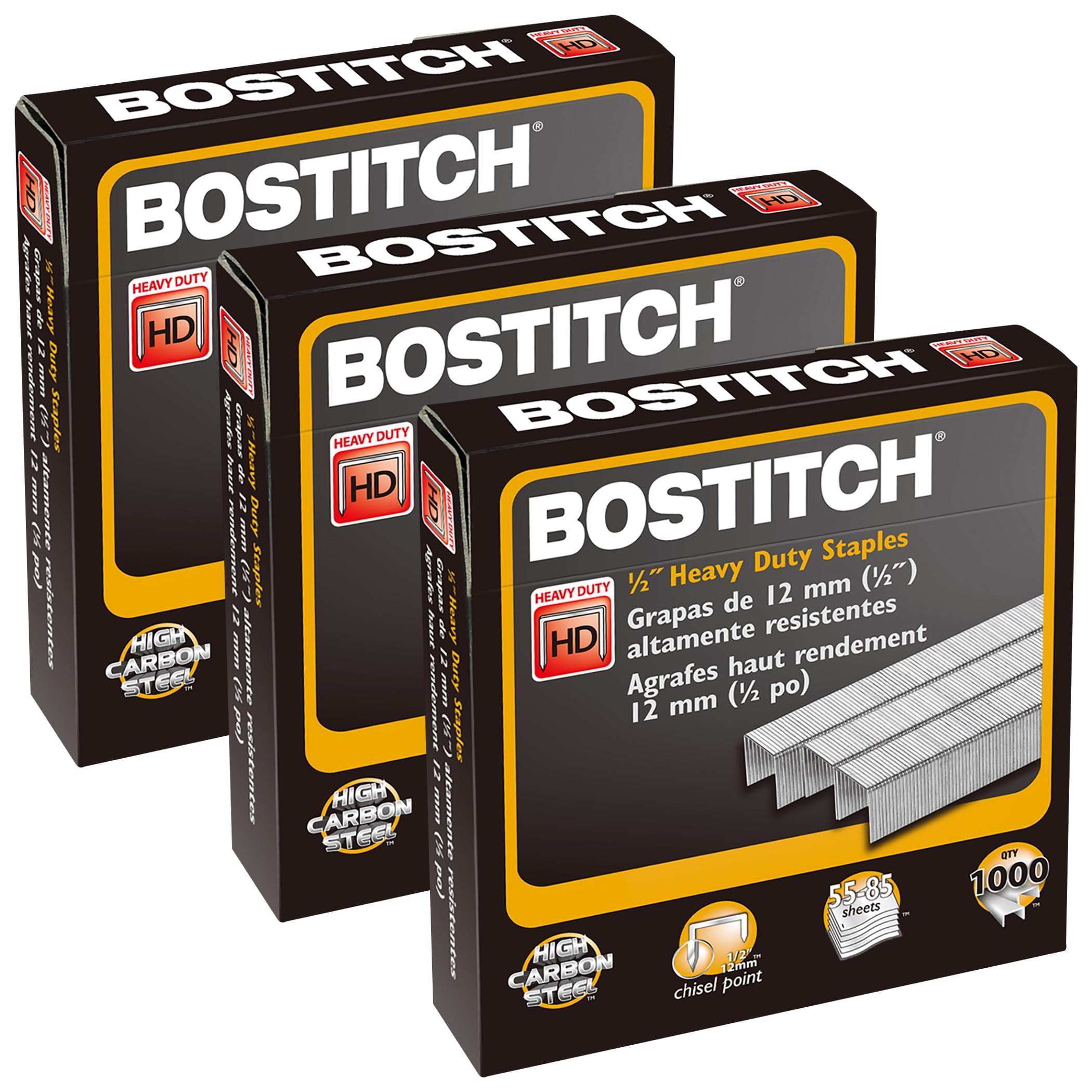 Bostitch Premium Heavy Duty Staples, 1/2", 1000 Per Pack, 3 Packs ...