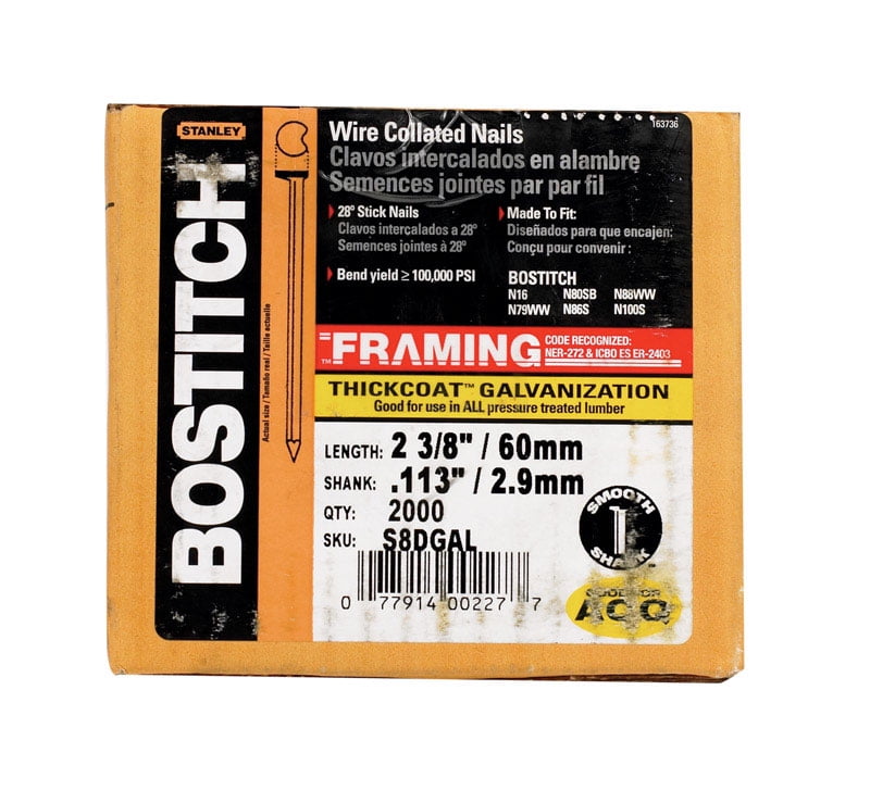 Bostitch S8DGAL-FH 2-3/8" 28º Wire Collated Stick Framing Nails 2,000 ...