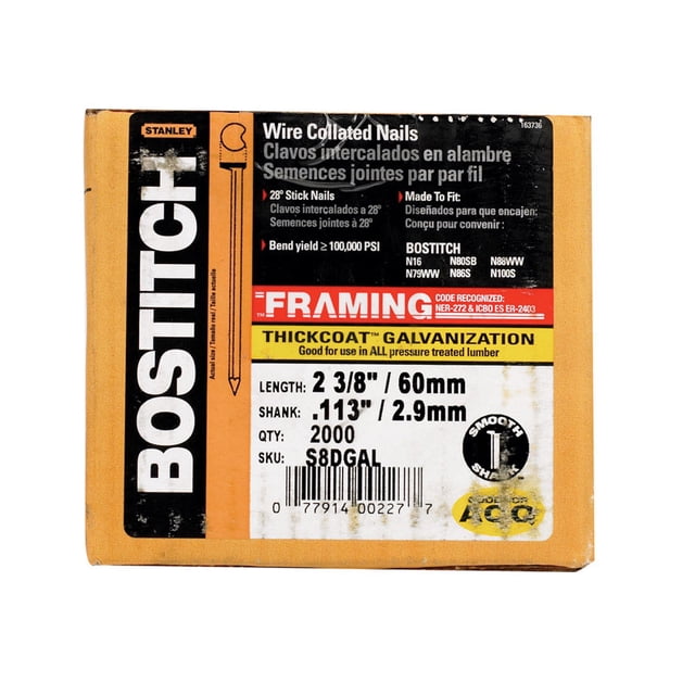 Bostitch S8DGAL-FH 2-3/8" 28º Wire Collated Stick Framing Nails 2,000 ...