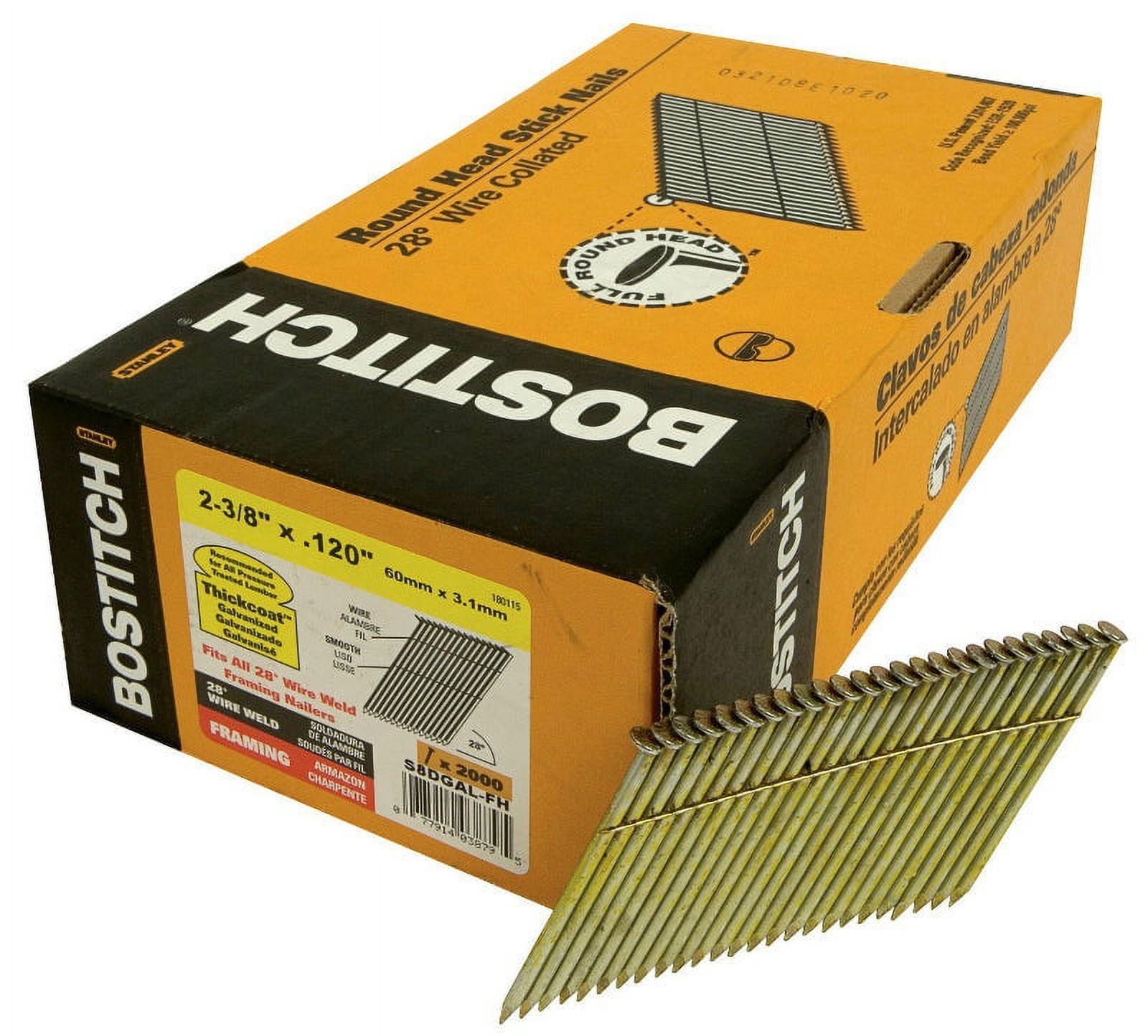 Bostitch S8DGAL-FH Full Round Head Stick Framing Nails, 2-3/8", 2,000 ...