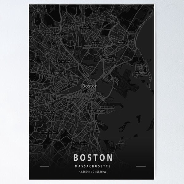 Boston Area Map, Boston Dark Map, Boston Map Print, Boston Wall Art ...