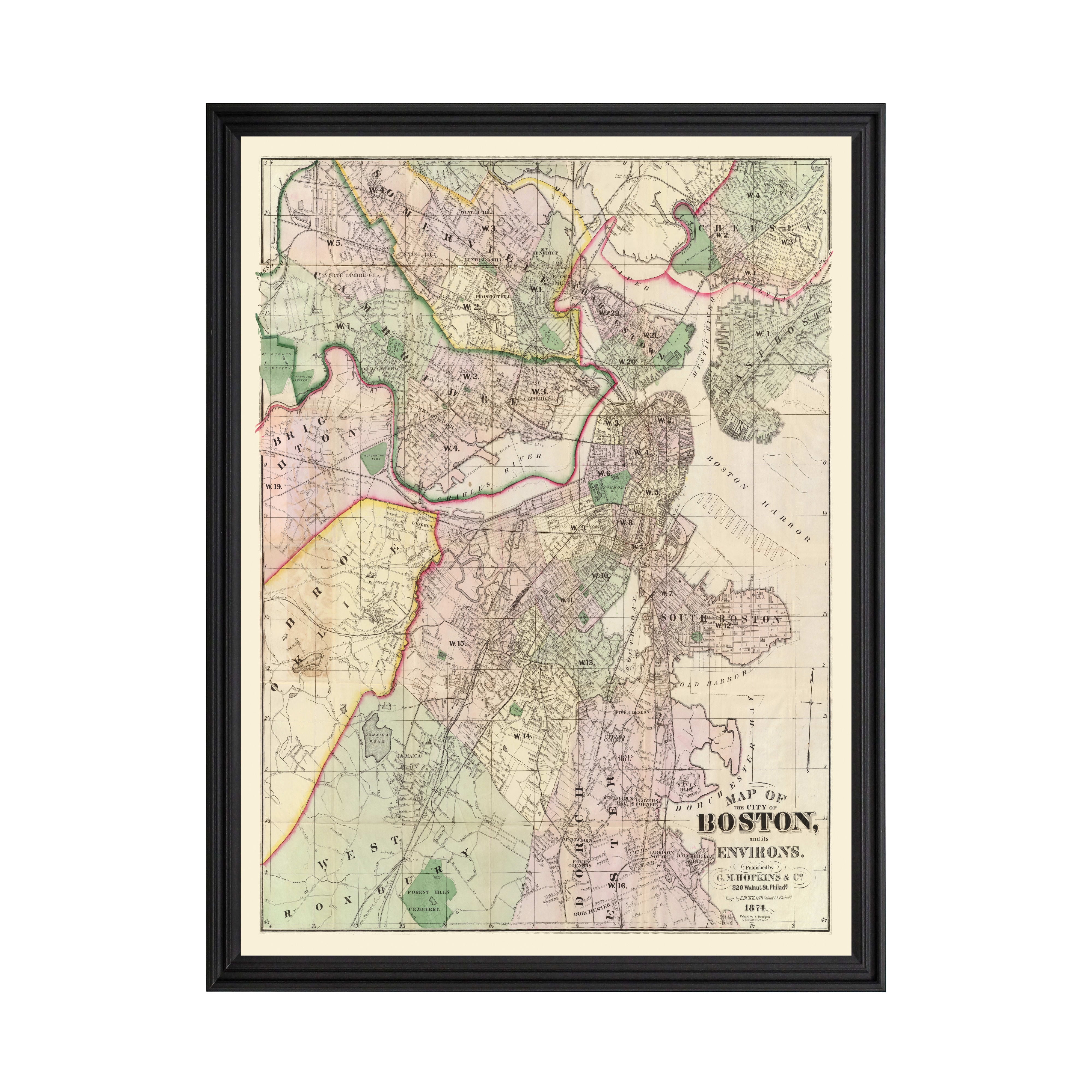 Boston Art, 1874 Vintage Map of Boston Massachusetts, MA History Wall ...