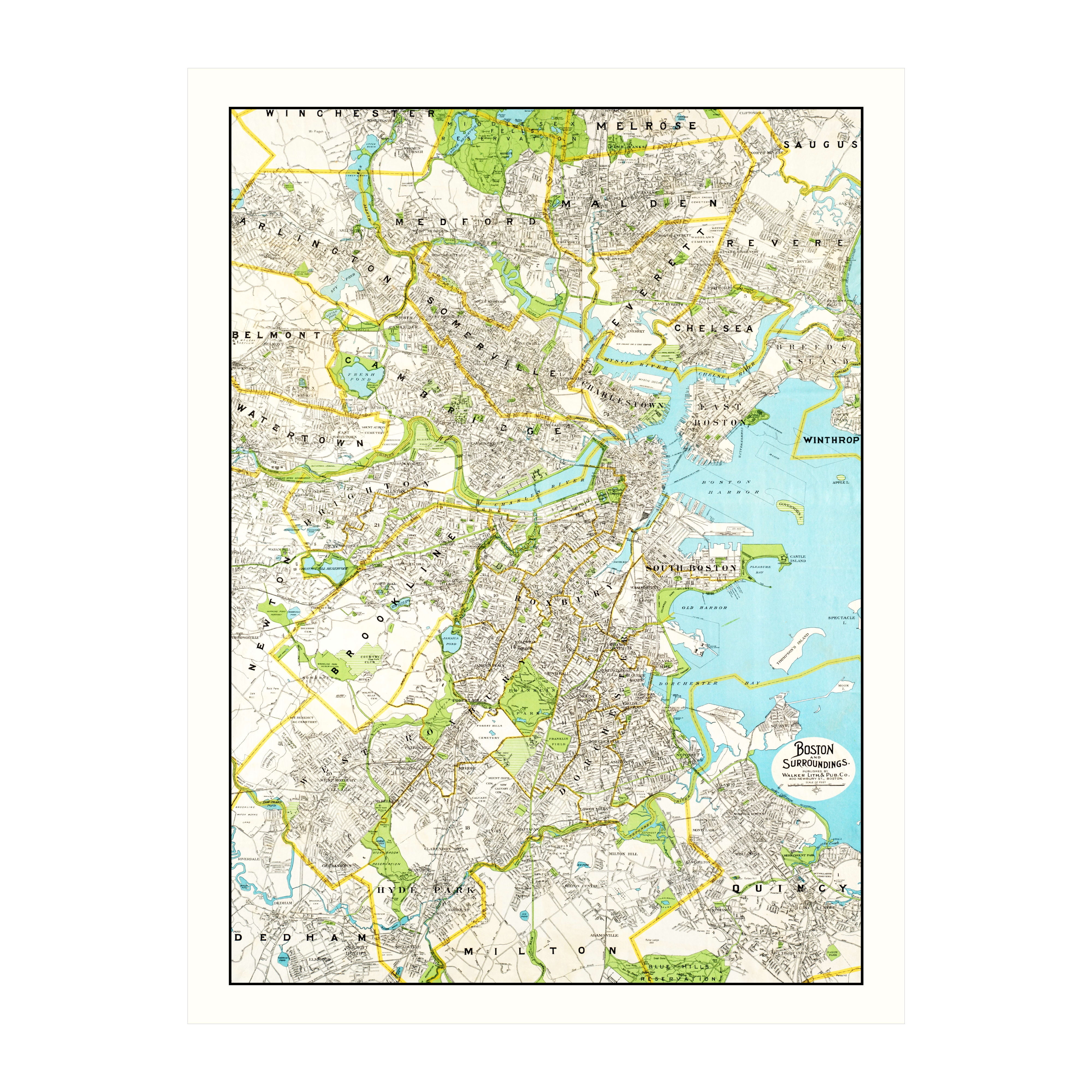 Boston Art, 1927 Vintage Map of Boston Massachusetts, MA History Wall ...