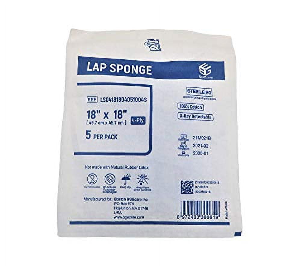 Boston BGEcare Sterile Lap Sponge X-Ray Detectable 18"X18", 4-Ply, 5's ...