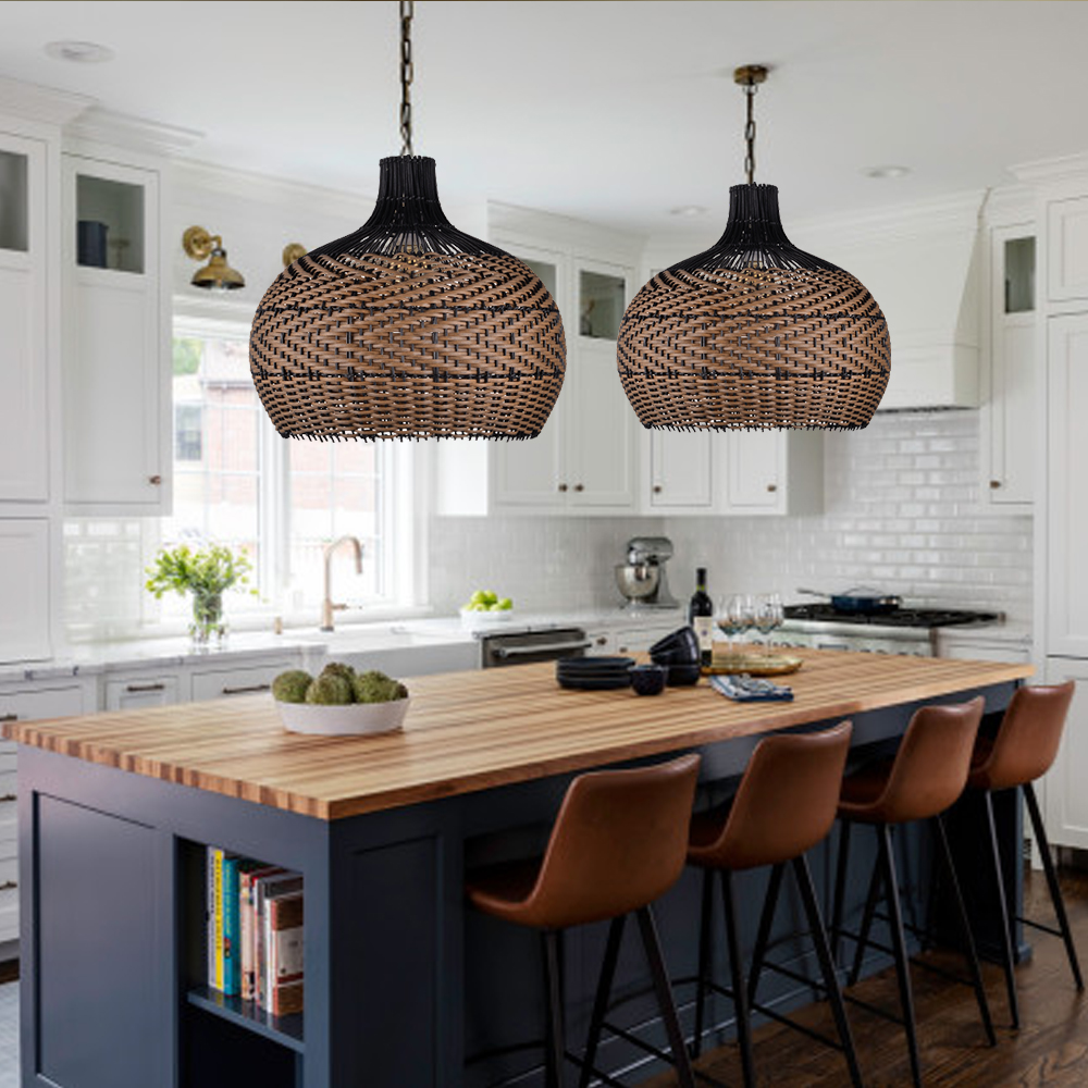Highler 1-Light Matte Black Island Pendant with Natural Rattan Shade ...