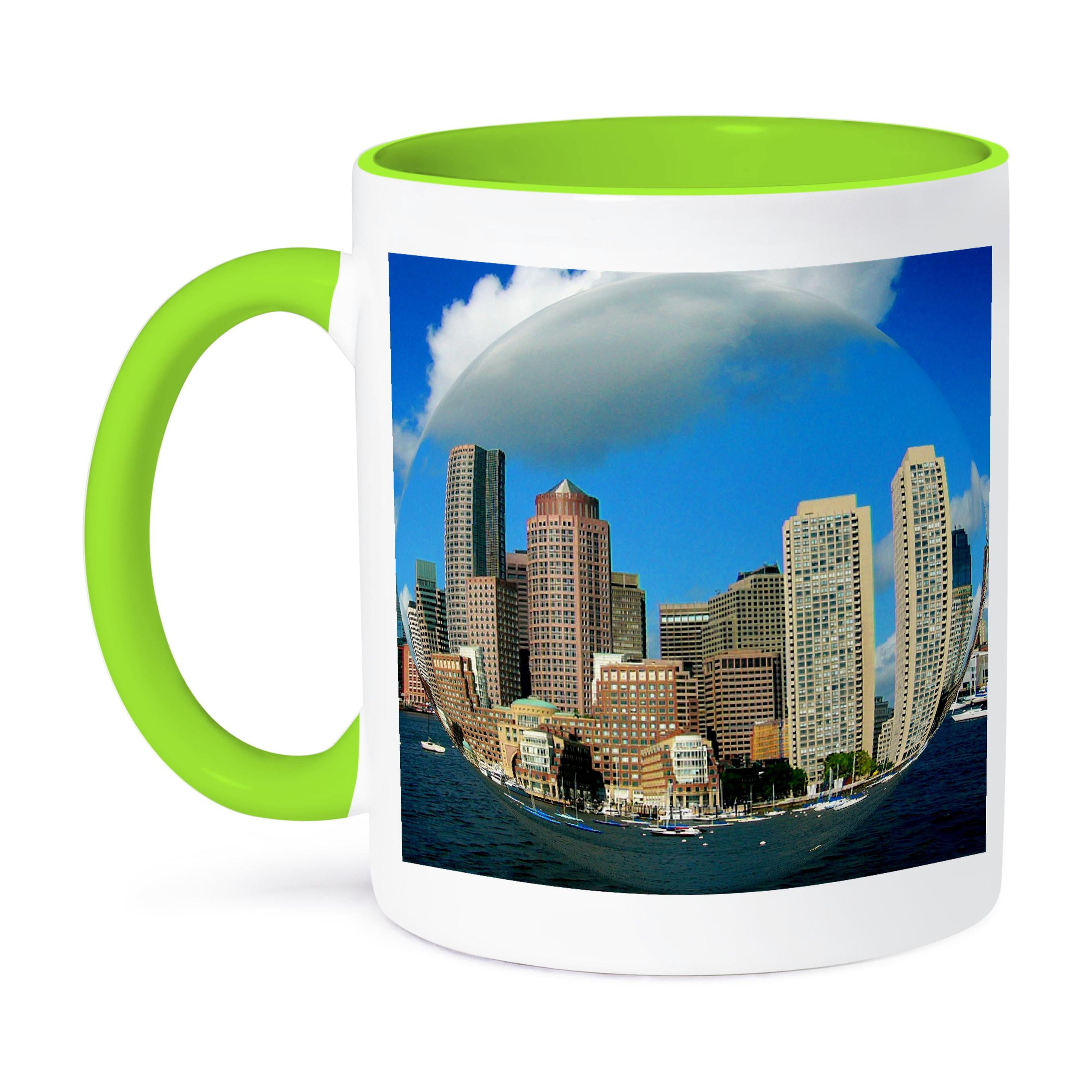 3dRose, Boston Downtown Skyline in Fisheye, 11oz Two-Tone Green Mug ...