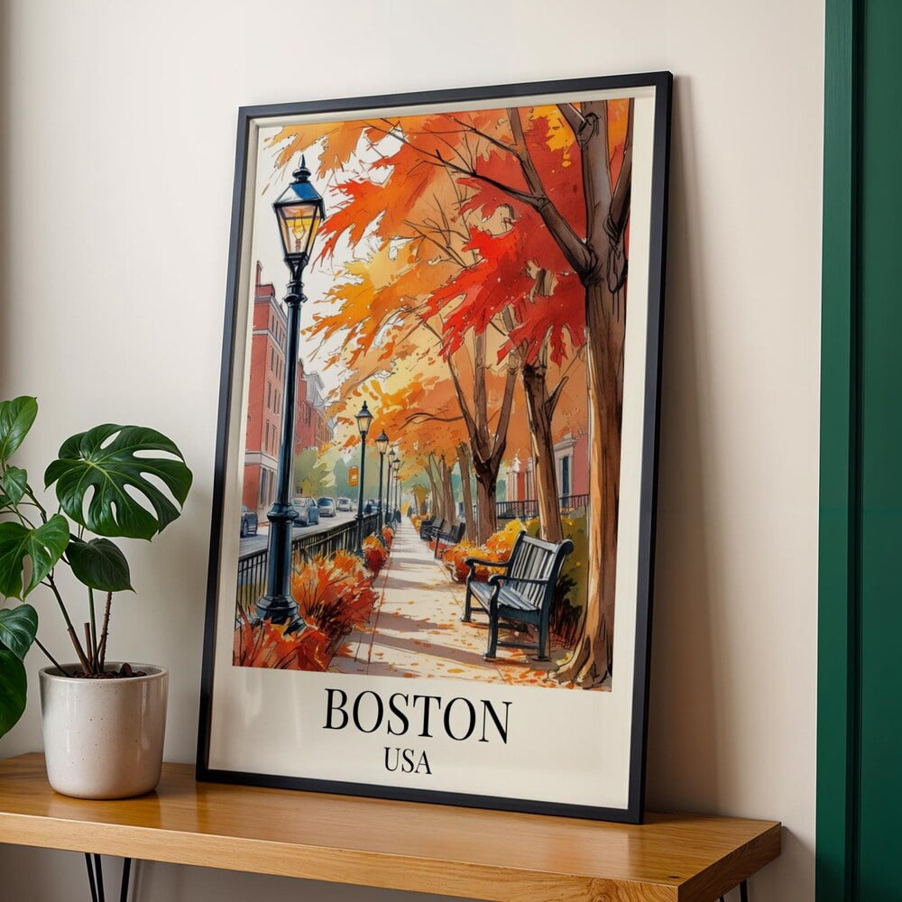 Boston Fall Wall Art Print Autumn City Street Poster New England Decor ...