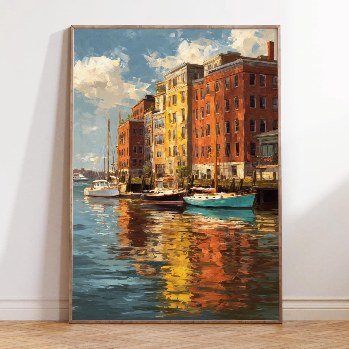 Boston Harbor Coastal Cityscape Print, Stretched Canvas Size 8x12 ...