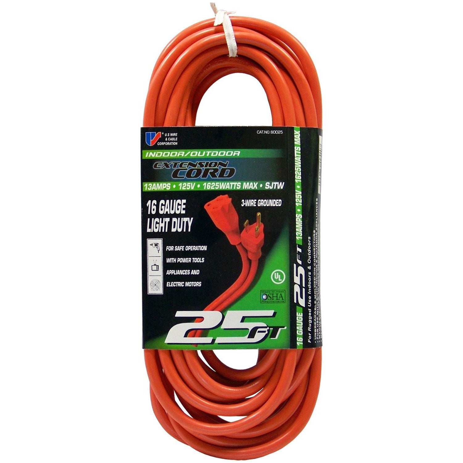 U.S. Wire 60025 25 Ft. Three Conductor Orange Extension Cord 16/3 Ga ...