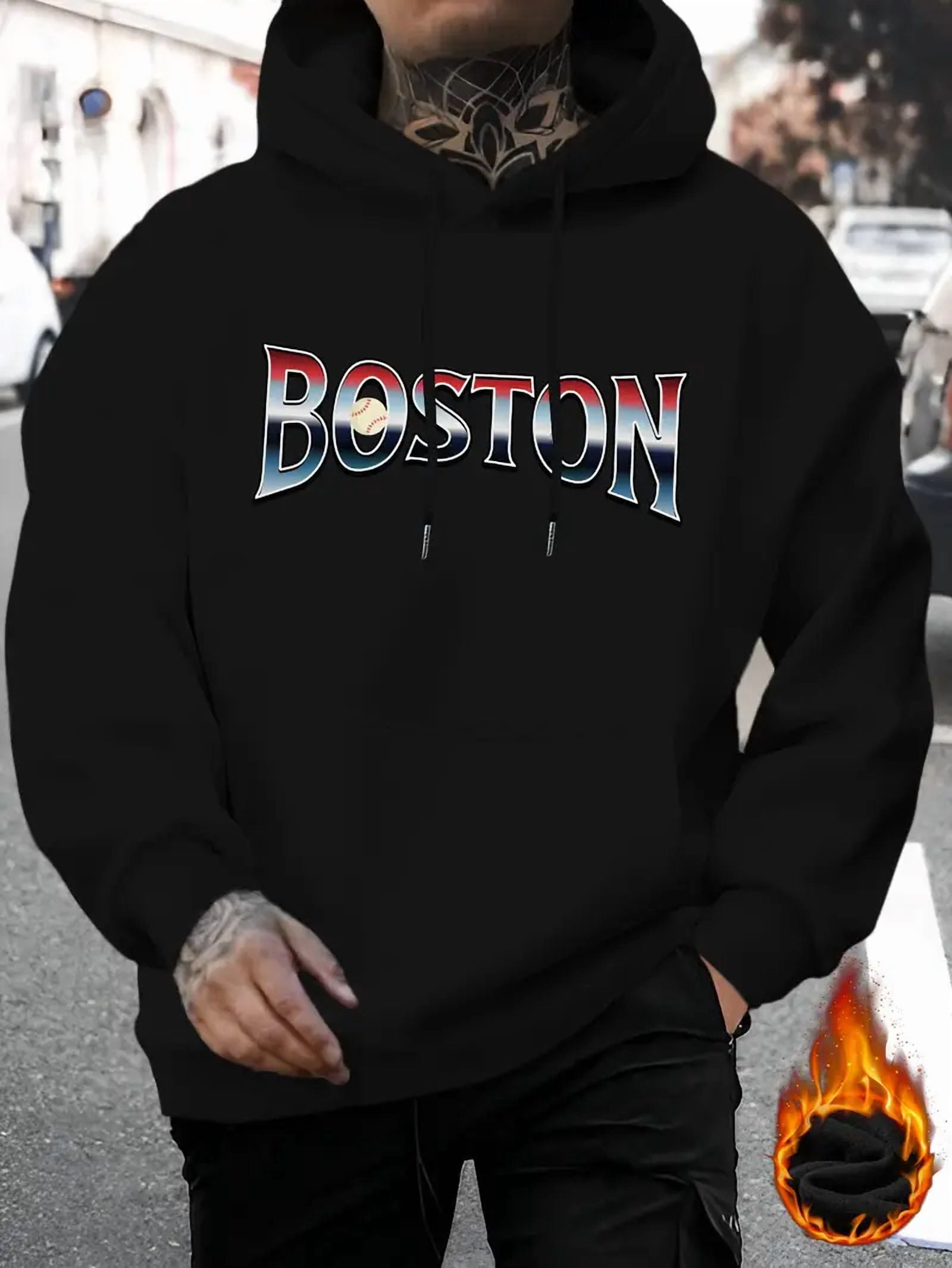 Boston Letter Print Casual Pullover Hoodie - Fall/Winter Season, Men's ...