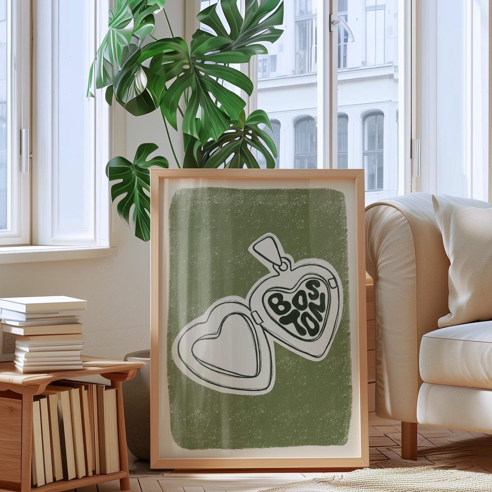 Boston Locket Art Print Boston Wall Art Heart Locket Poster Sage Green ...