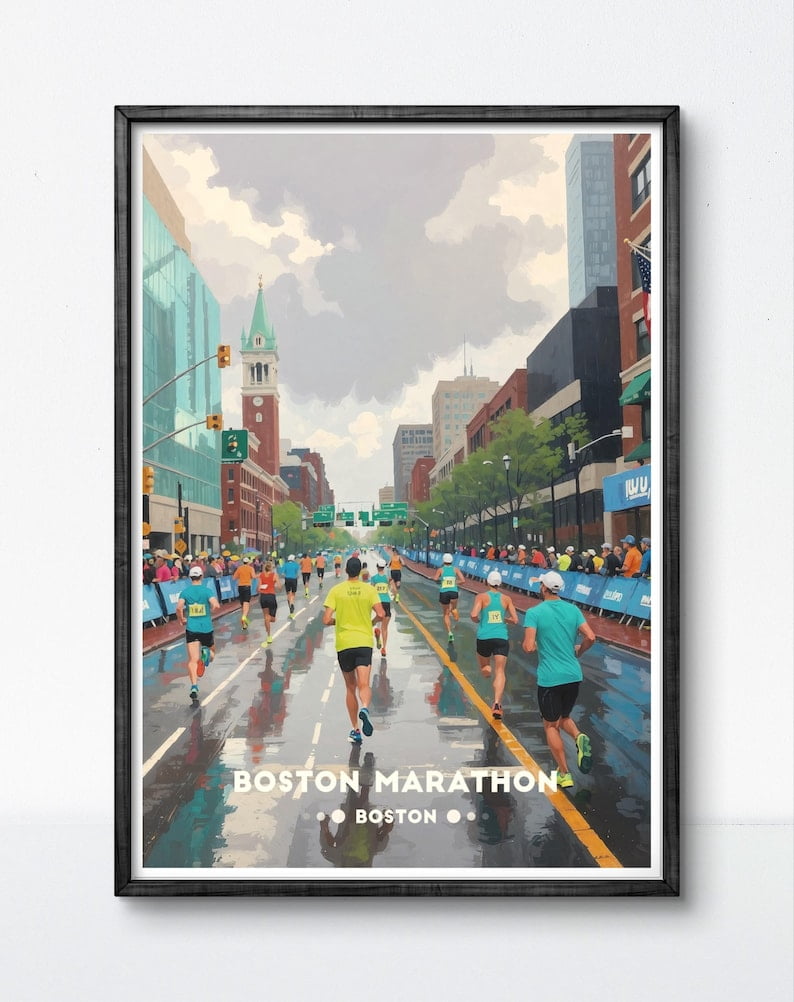 Boston Marathon Poster – Iconic Running Event, Rainy Race Day, Vintage ...
