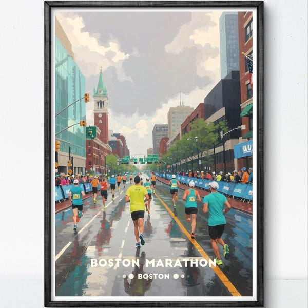 Boston Marathon Print: Vintage Rainy Race Day Travel Poster UNFRAMED ...