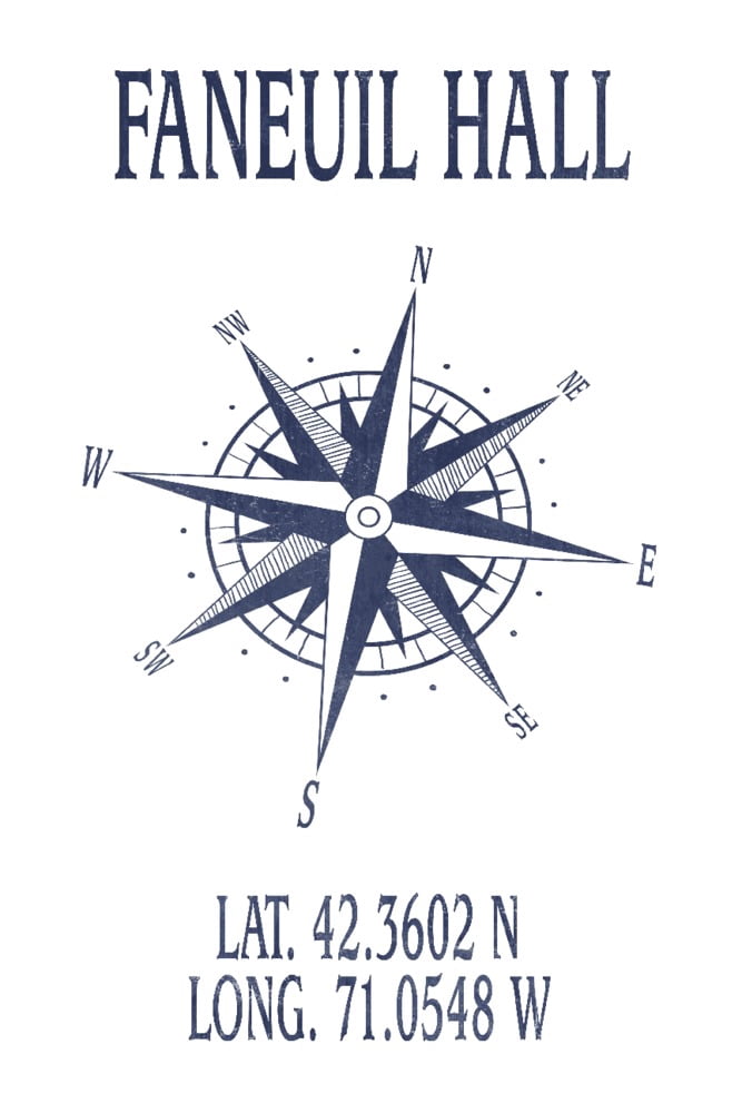 Boston, Massachusetts, Faneuil Hall, Long. and Lat., Compass Design ...