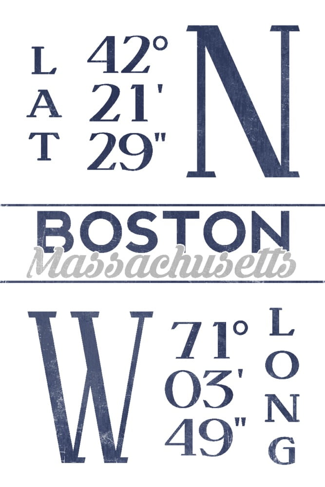 Boston, Massachusetts, Latitude and Longitude (Blue) (16x24 Giclee ...