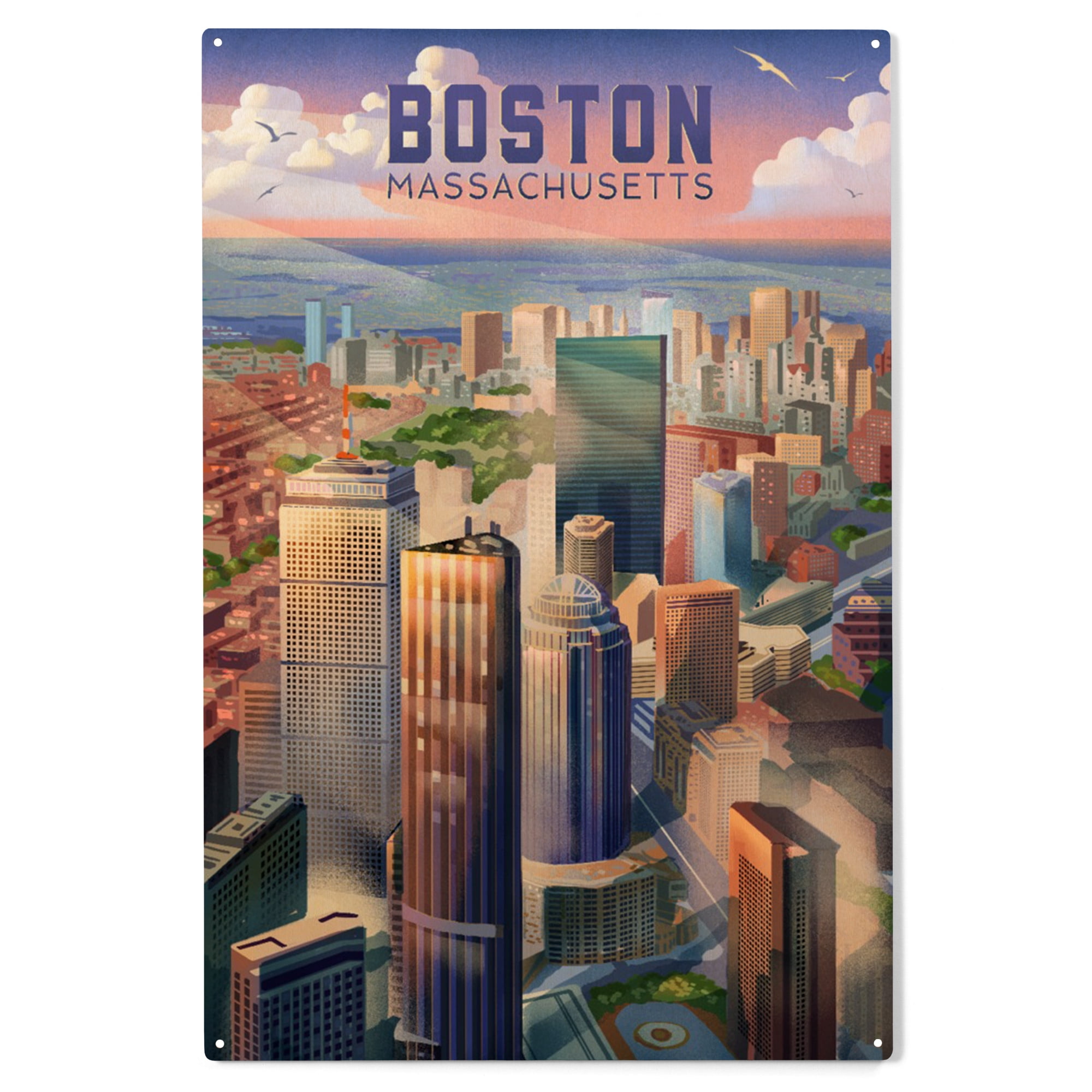 Boston, Massachusetts, Lithograph, City Series Birch Wood Wall Sign ...