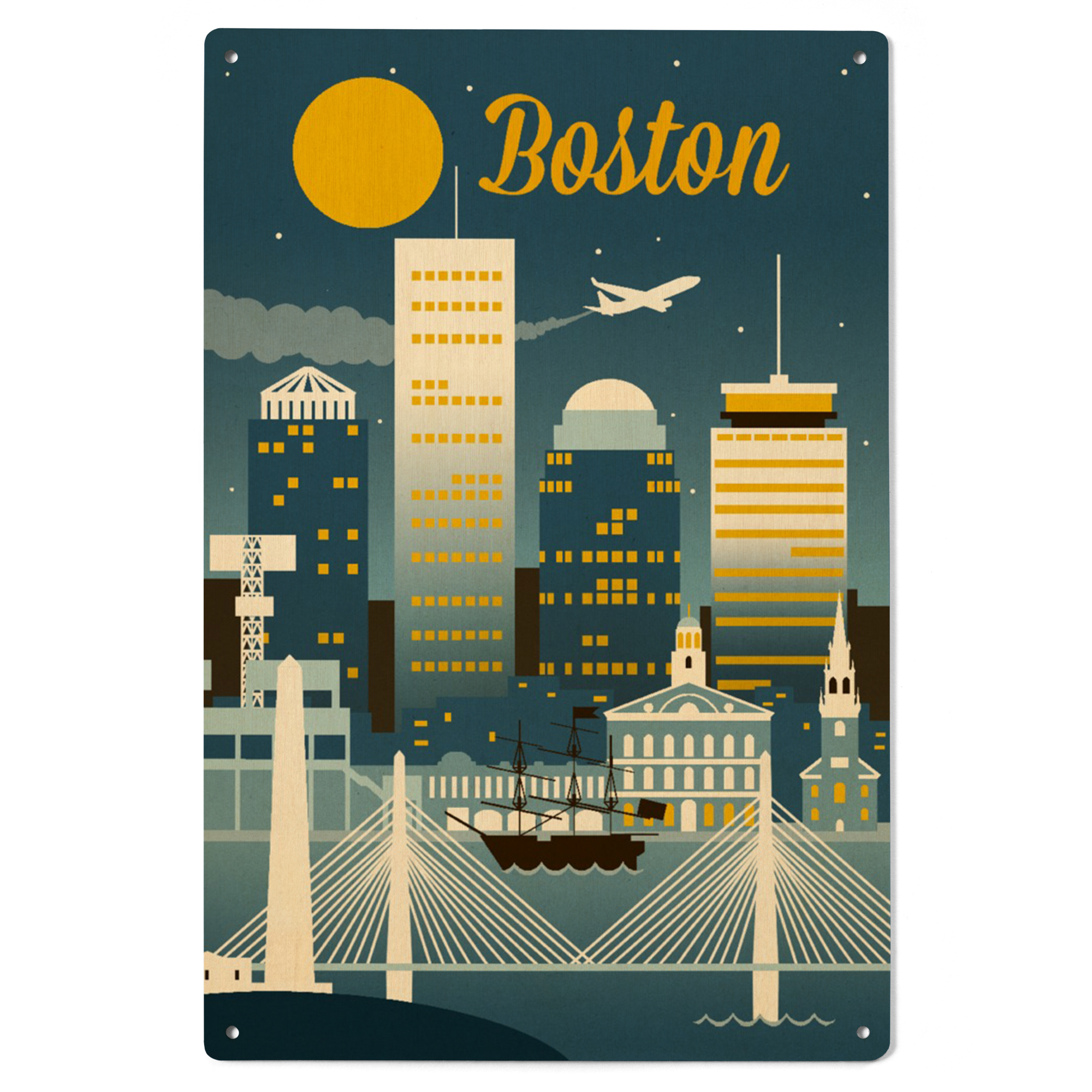 Boston, Massachusetts, Retro Skyline Classic Birch Wood Wall Sign (6x9 ...