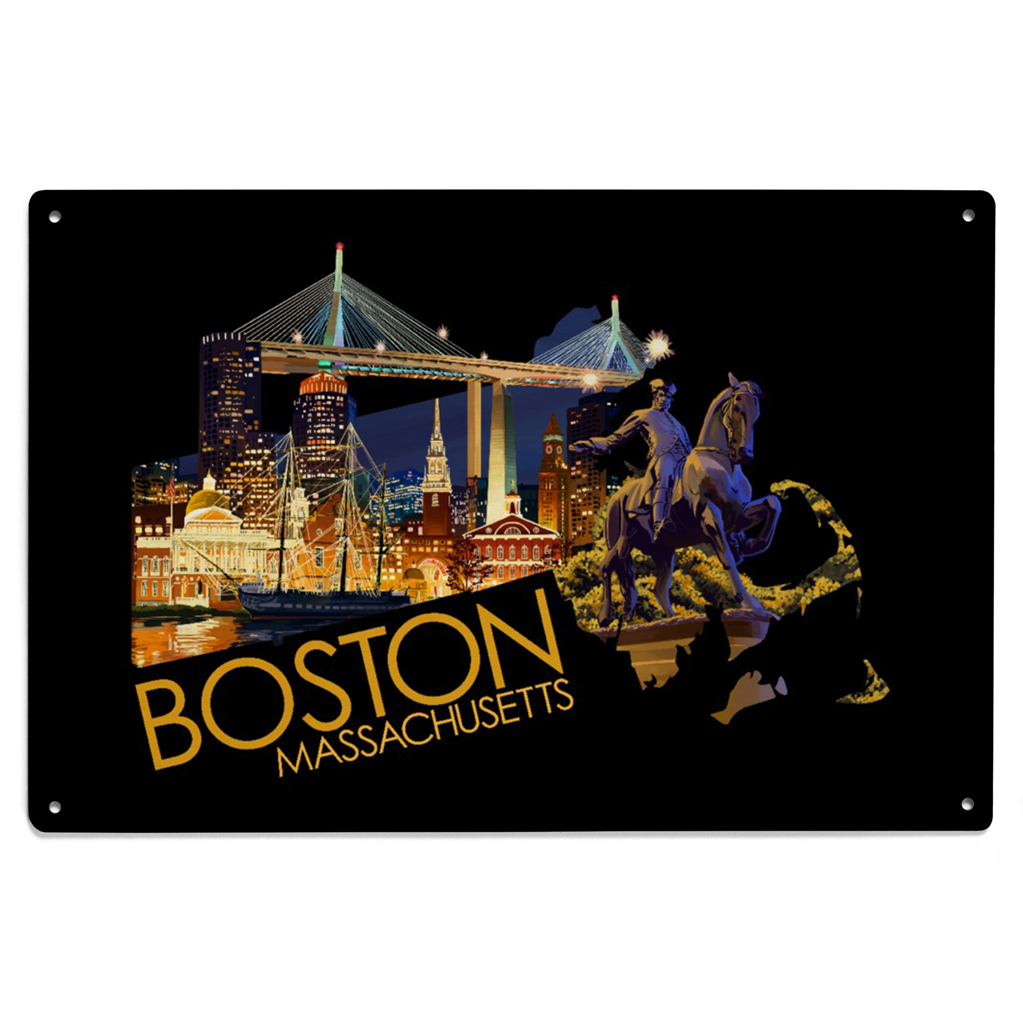 Boston, Massachusetts, Skyline at Night, Contour Birch Wood Wall Sign ...