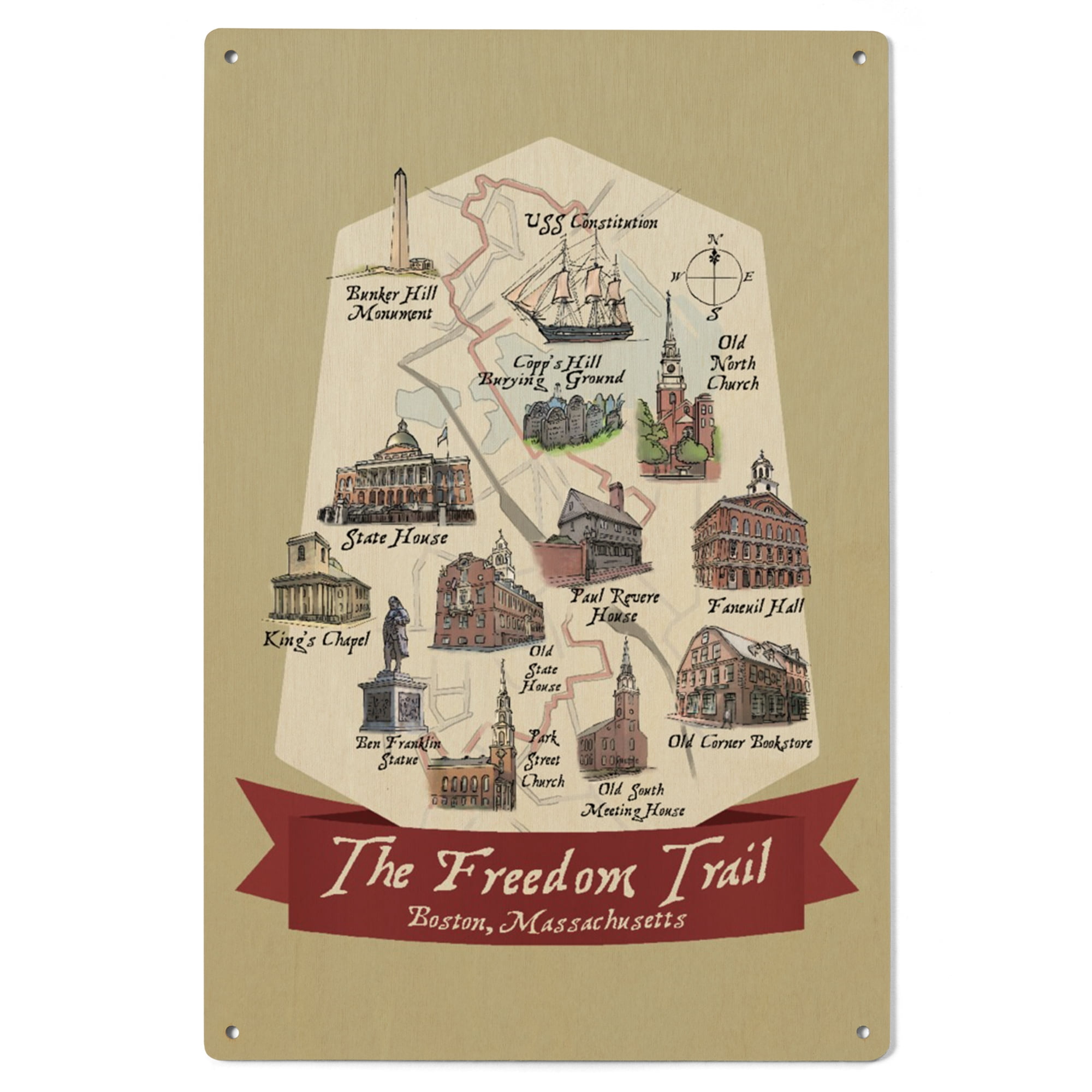 Boston, Massachusetts, The Freedom Trail, Map, Contour Birch Wood Wall ...