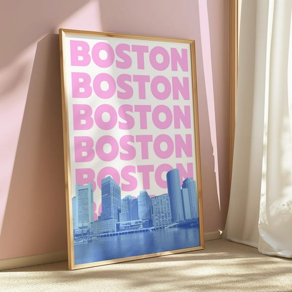Boston Print Massachusetts Travel Print Blue Pink Boston Skyline Wall Art Preppy Dorm Decor ...