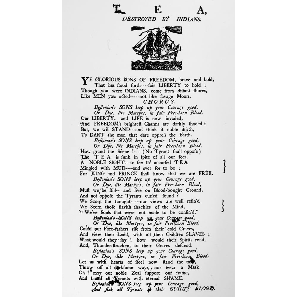 Boston Tea Party 1773. Namerican Broadside With Verses About The Boston ...