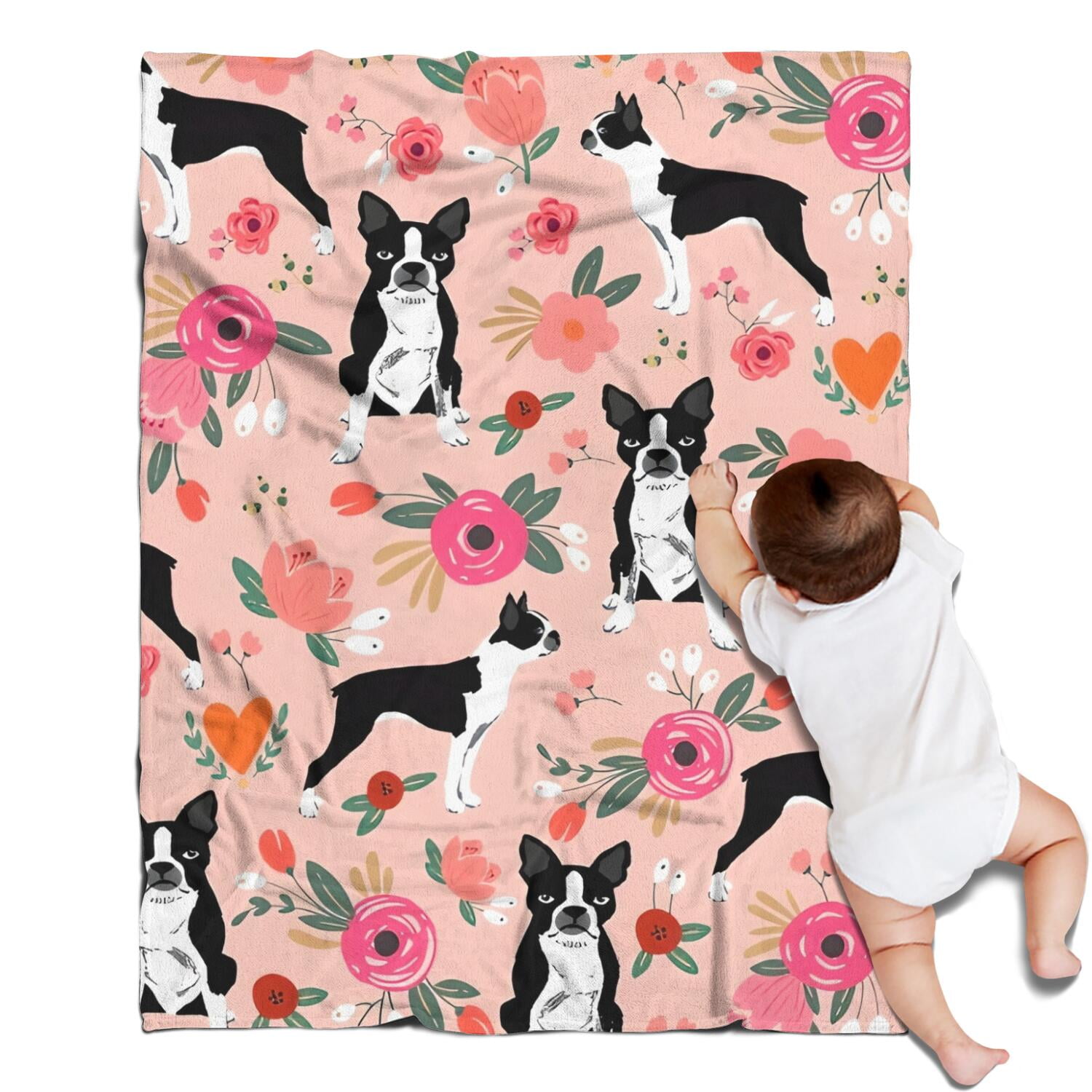 Boston Terrier Dog and Flower Florals Blanket,Comfortable Soft Lamb ...