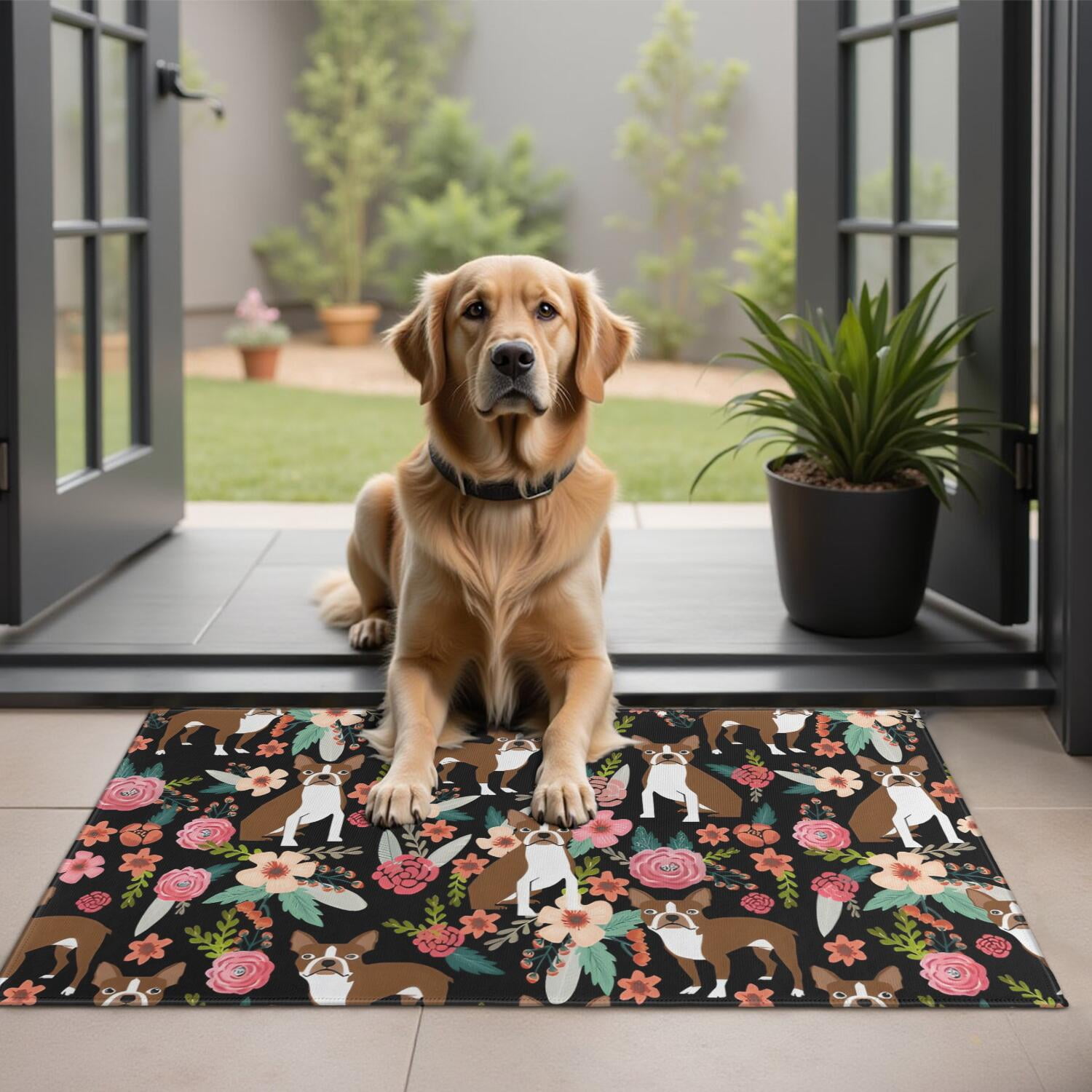 Boston Terrier Dog with Pioneer Flower Door Rugs,Washable Non Slip Door ...