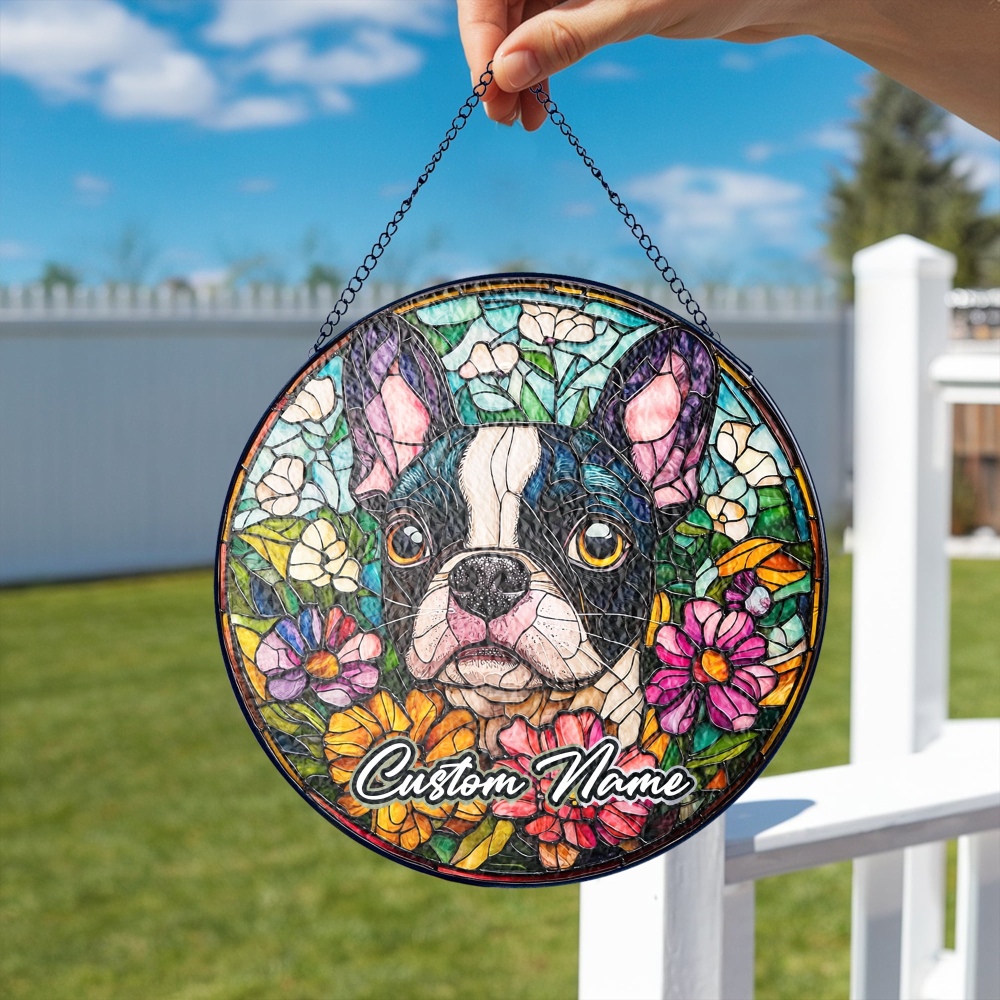 Boston Terrier Dog Stained Glass Window Hanging, Colorful Suncatcher ...