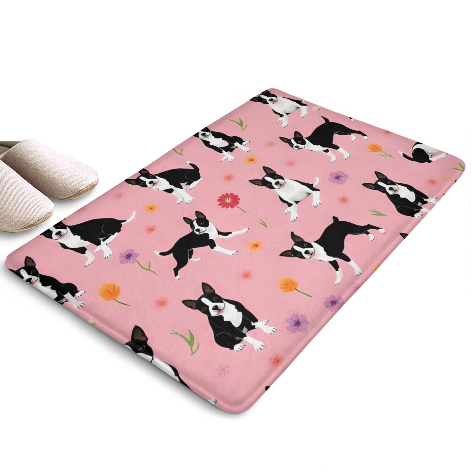 Boston Terrier Dogs and Flowers Flannel Non Slip Door Rugs,Washable ...