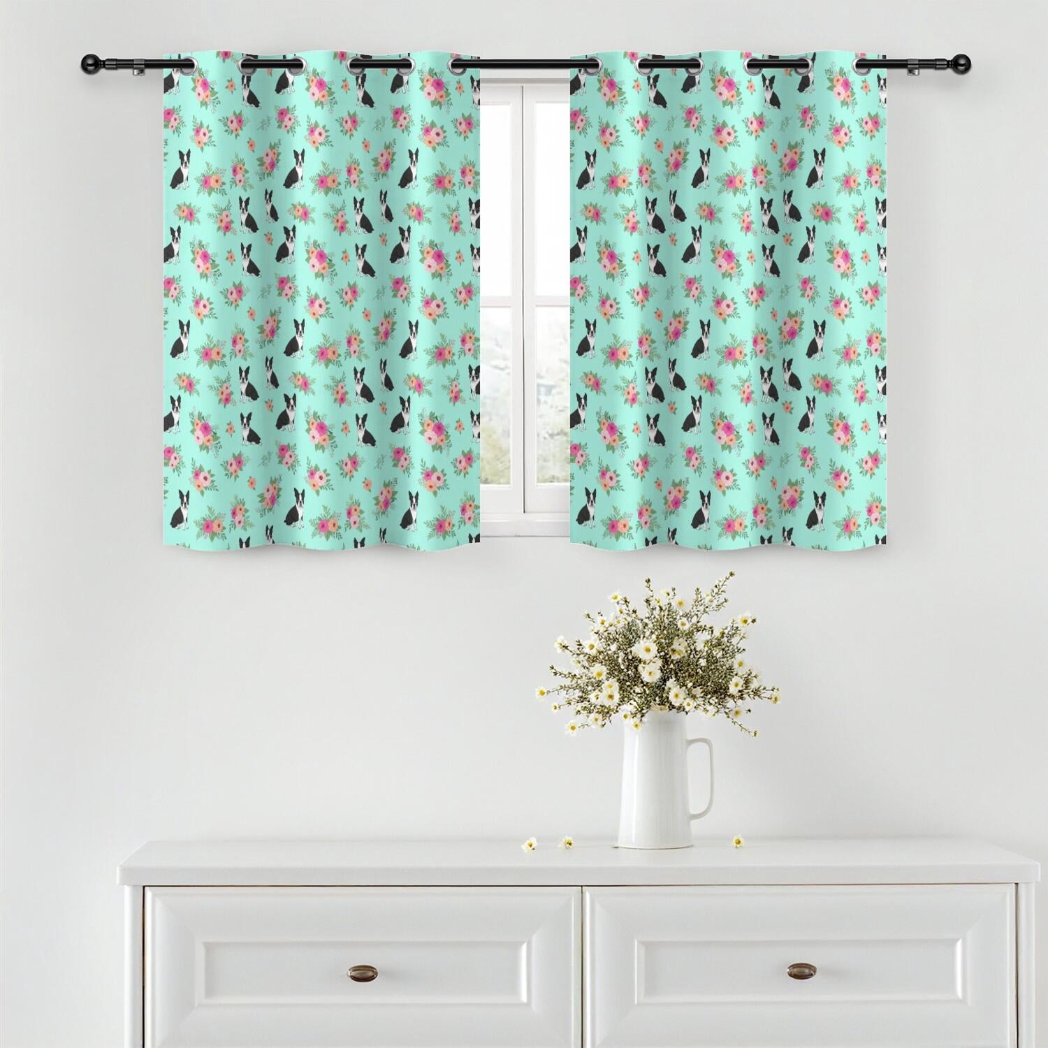 Boston Terrier and Floral Blue Pattern Blackout Curtains,Triple Weaved ...