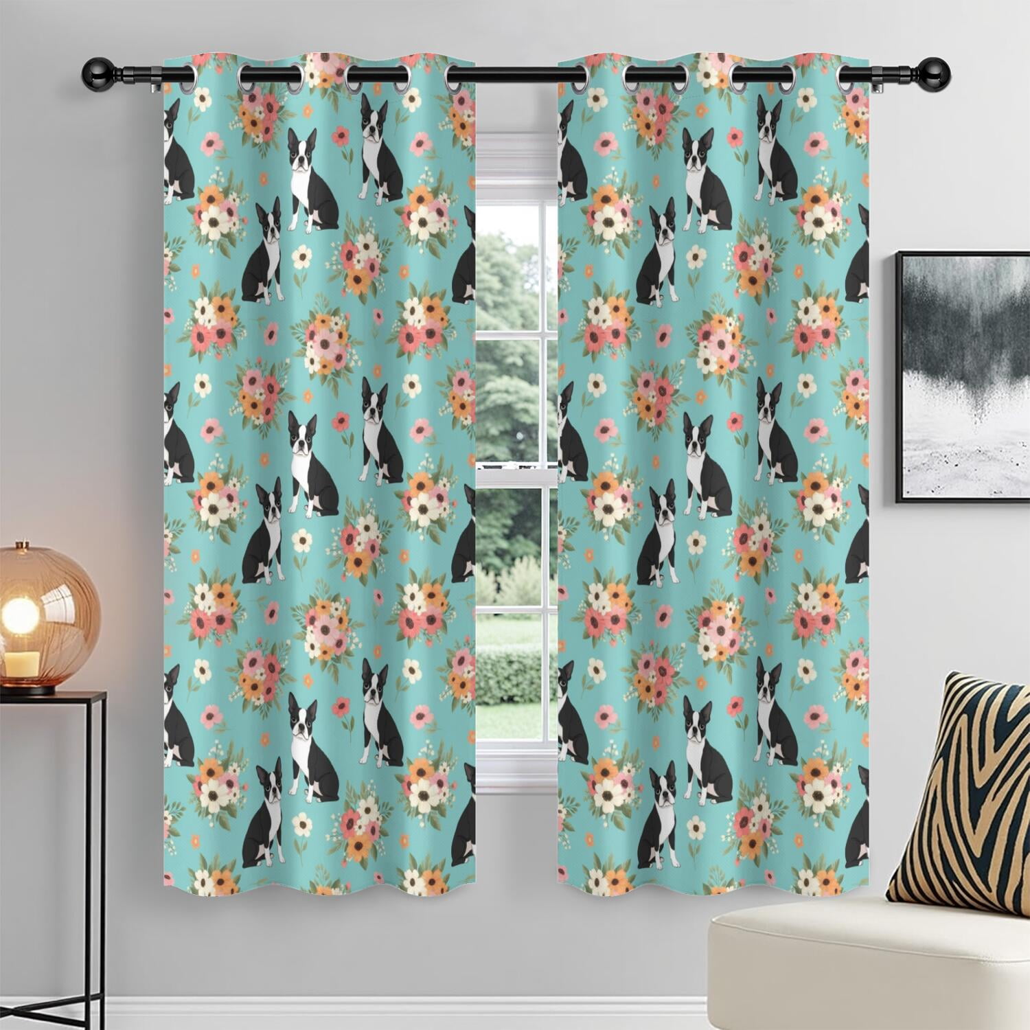 Boston Terrier and Floral Blue Pattern Blackout Curtains,Triple Weaved ...