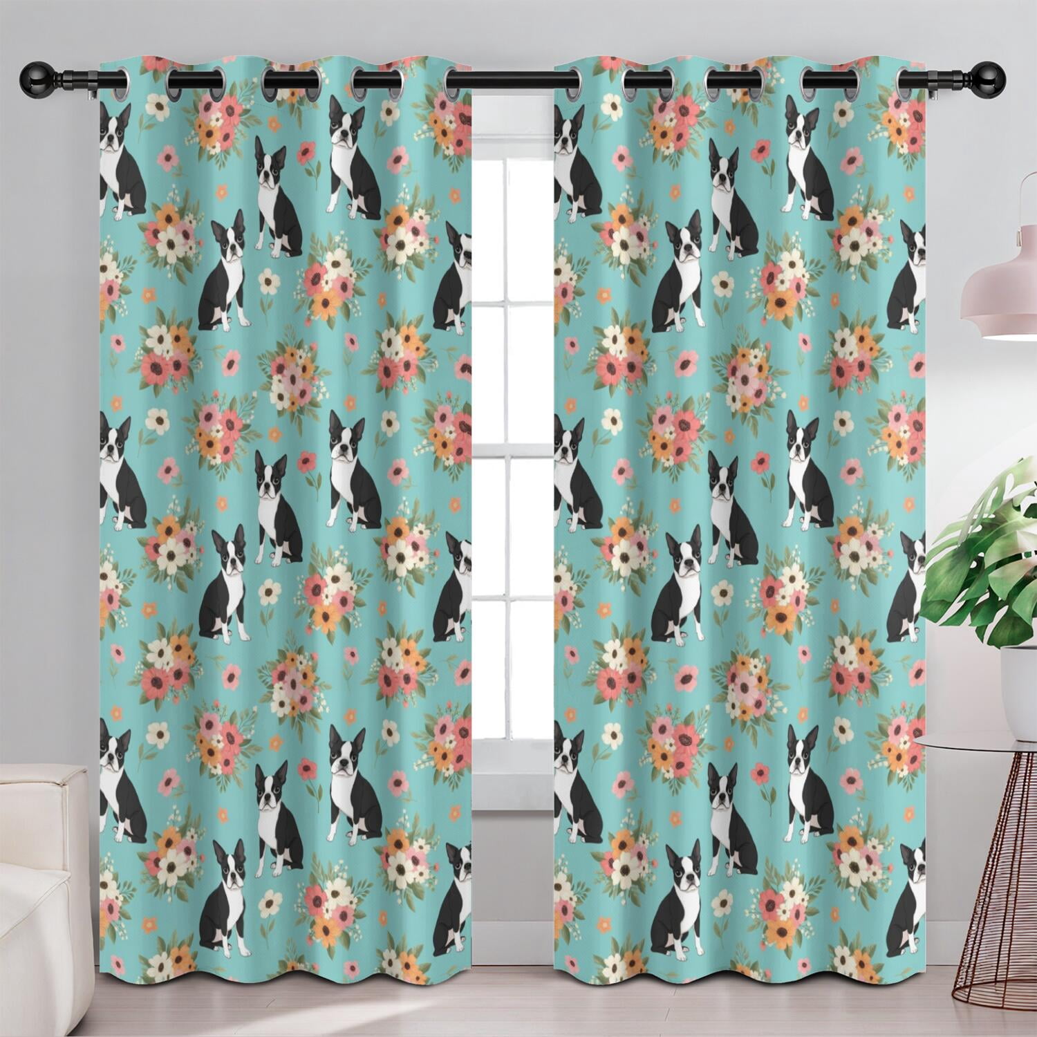Boston Terrier and Floral Blue Pattern Blackout Curtains,Triple Weaved ...