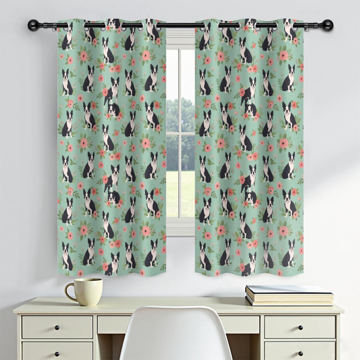 Boston Terrier and Floral Green Pattern Blackout Curtains,Triple Weaved ...