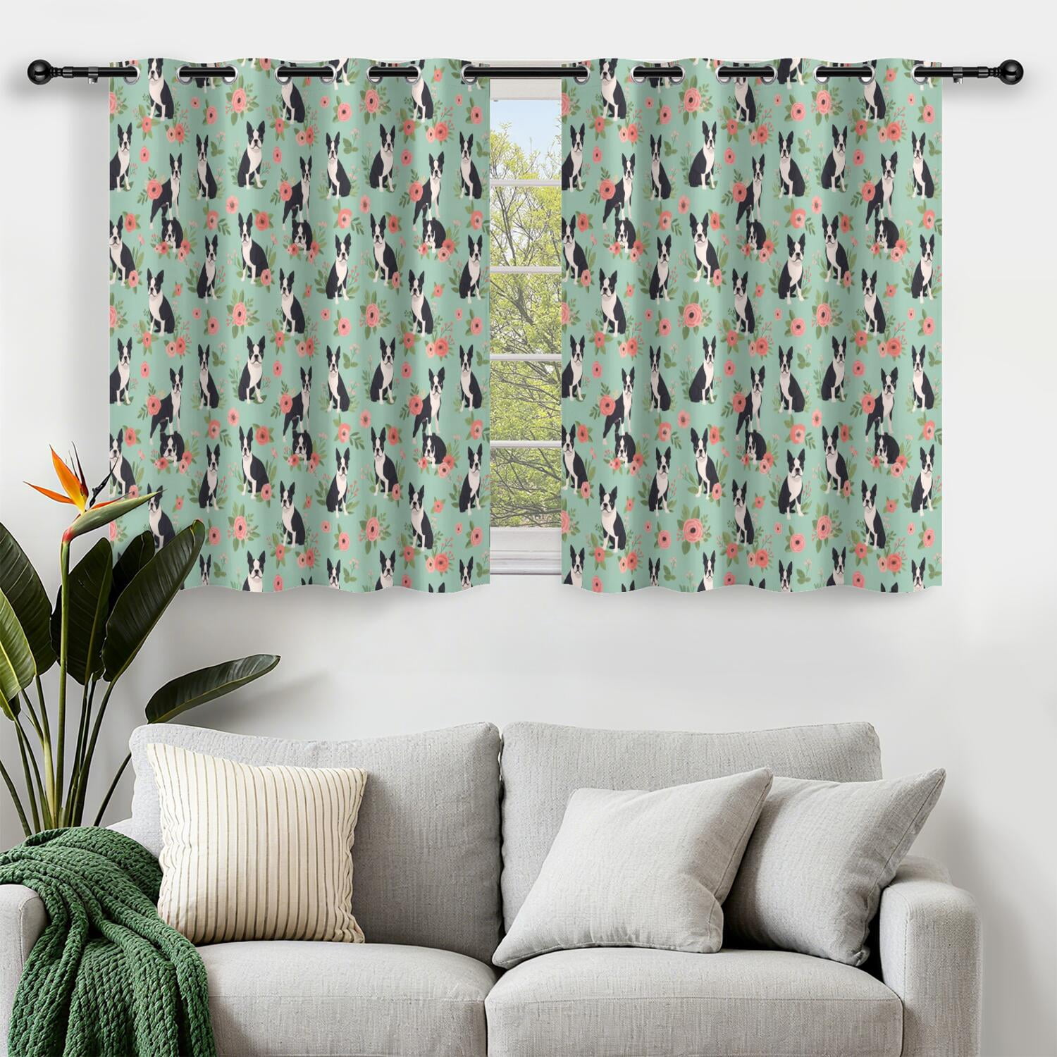 Boston Terrier and Floral Green Pattern Blackout Curtains,Triple Weaved ...