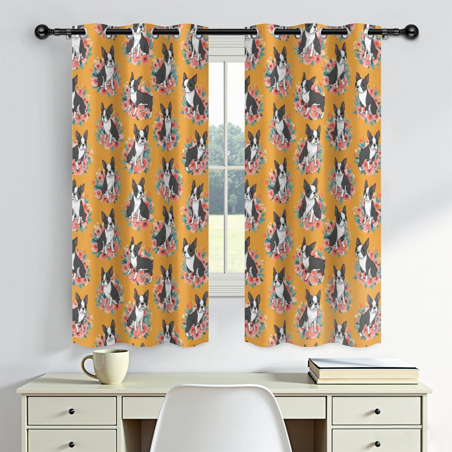 Boston Terrier and Floral Orange Pattern Blackout Curtains,Triple ...